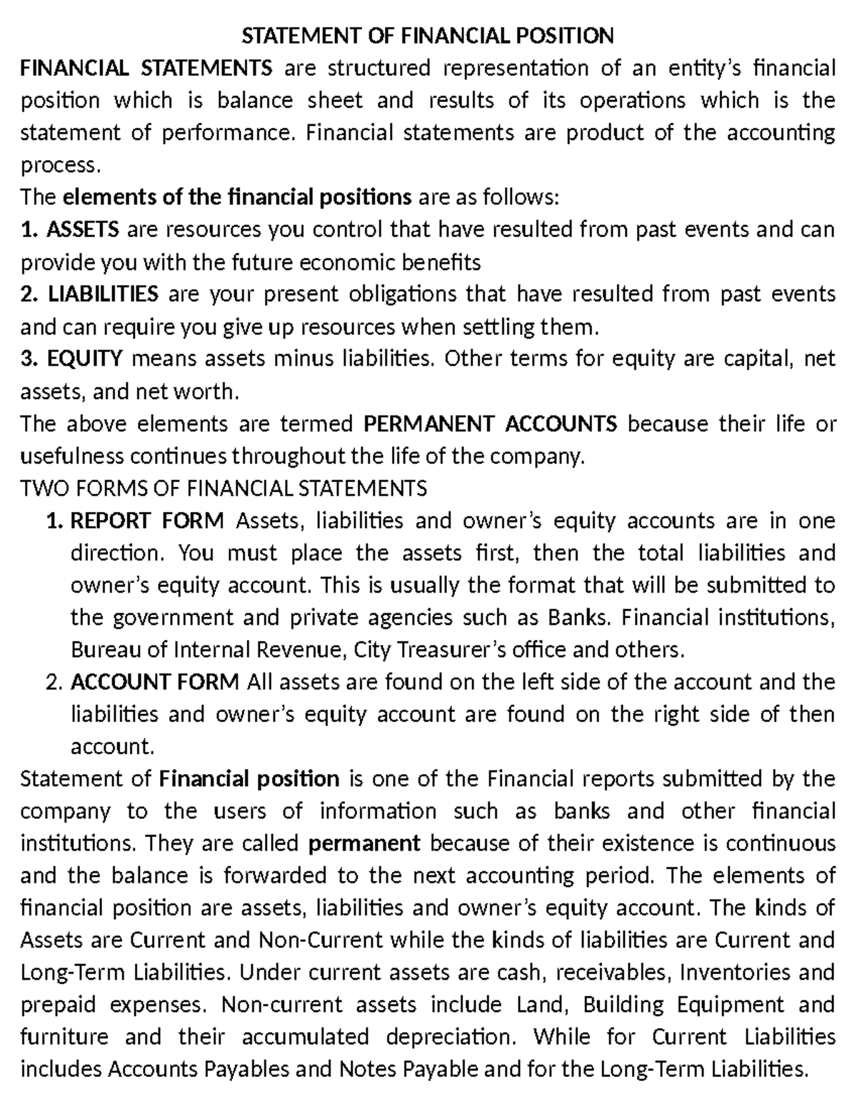 Lesson 1 Statement OF Financial Position - STATEMENT OF FINANCIAL ...
