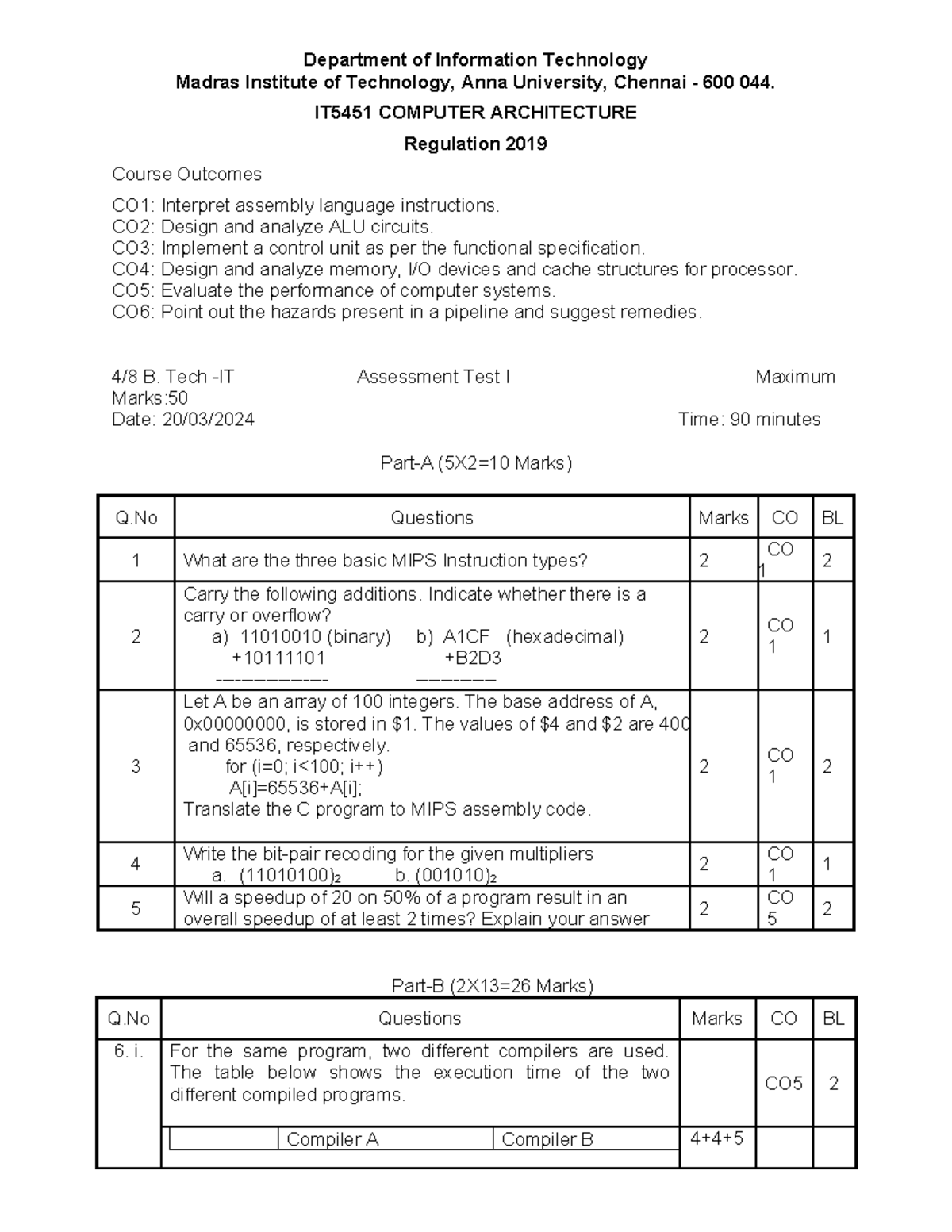 CA Assesment 1 copy - questions for practice in the course computer architecture - Department of ...