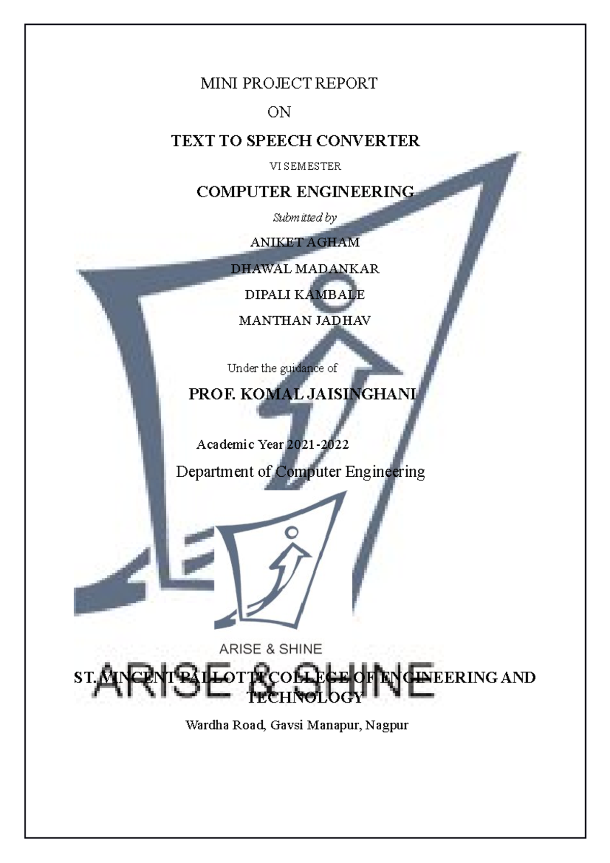 MINI Project Report - MINI PROJECT REPORT ON TEXT TO SPEECH CONVERTER VI SEMESTER COMPUTER - Studocu