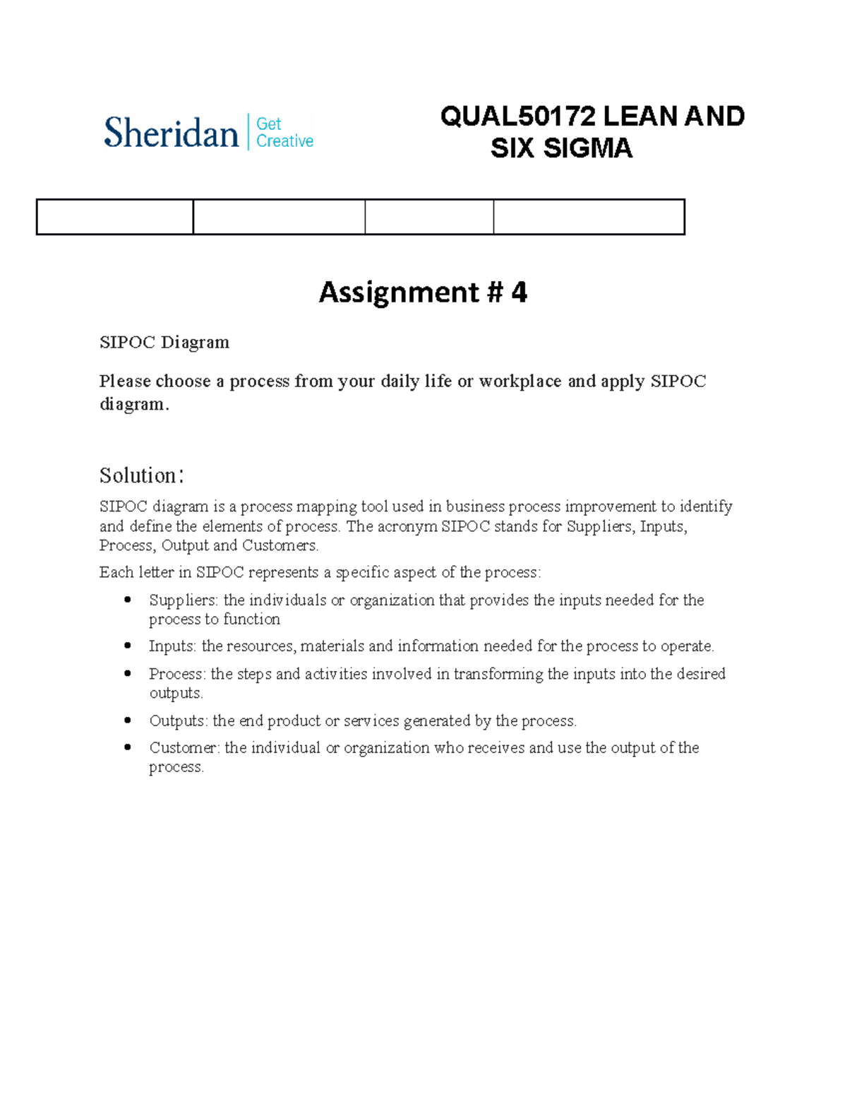 Assignment 4 Sipoc Qual50172 Lean And Six Sigma Assignment 4 Sipoc Diagram Please Choose 