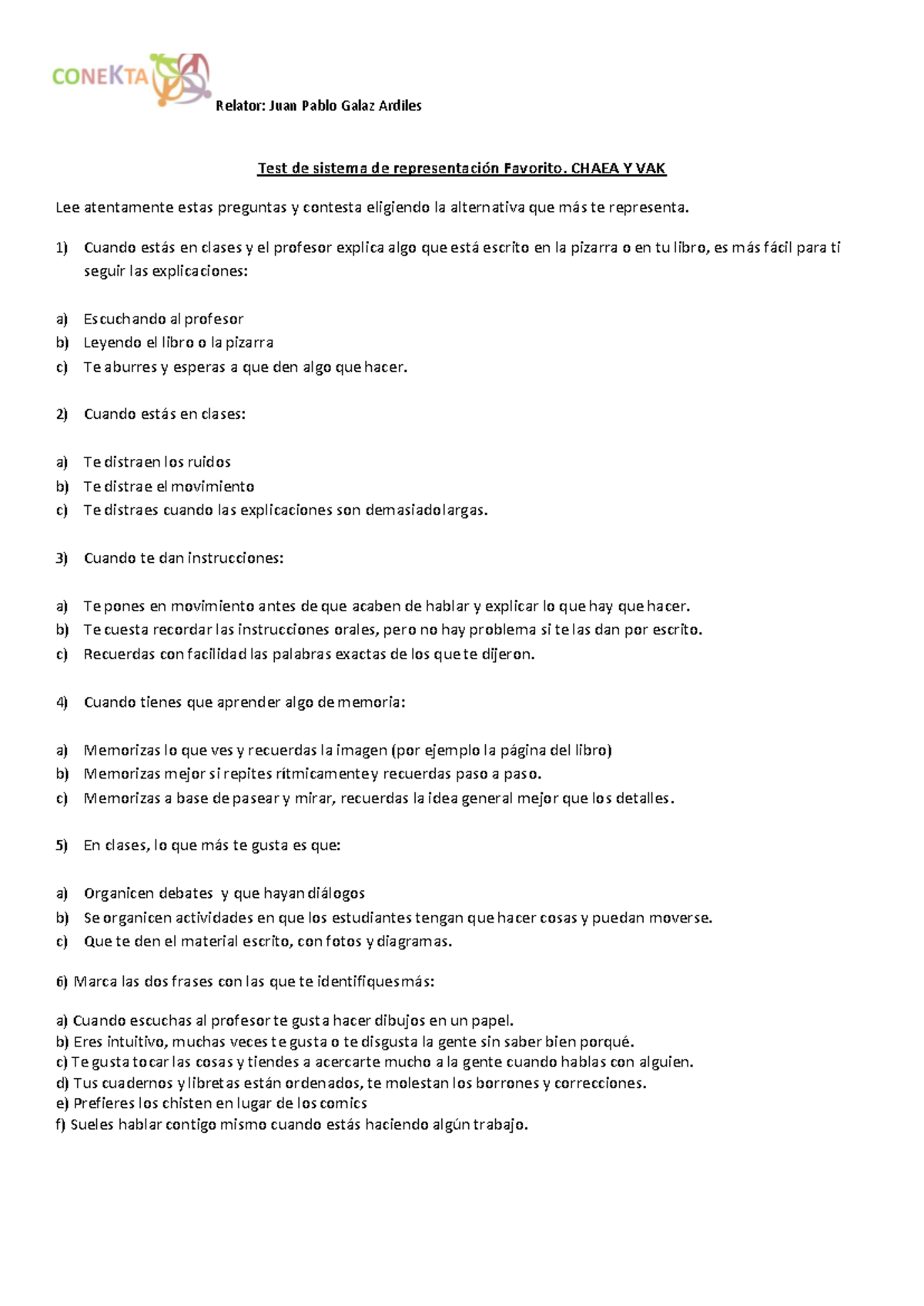 Test estilos Chaea Y VAK (2° a 4° medio)PDF - Test de sistema de ...