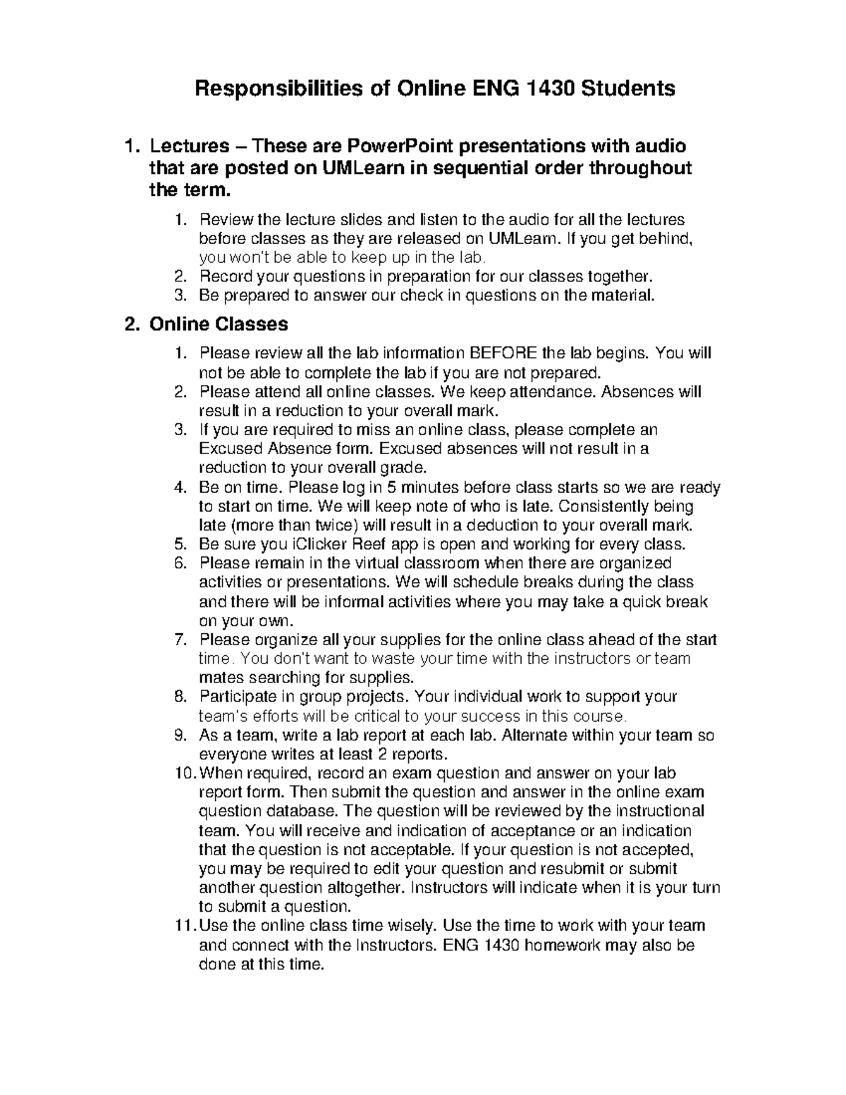 Course Overview Responsibilities of ENG 1430 Students Winter 2021 ...