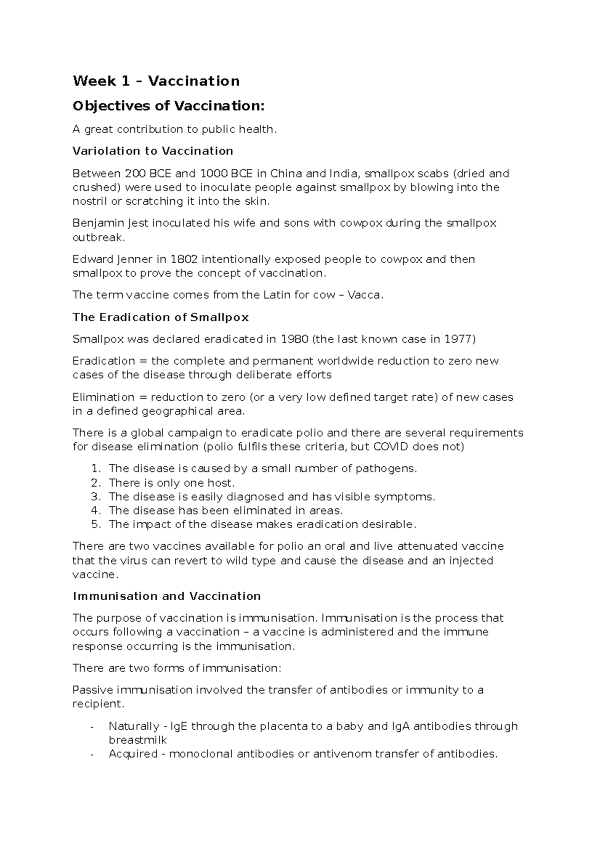Week 1 Vaccination - notes - Week 1 – Vaccination Objectives of ...