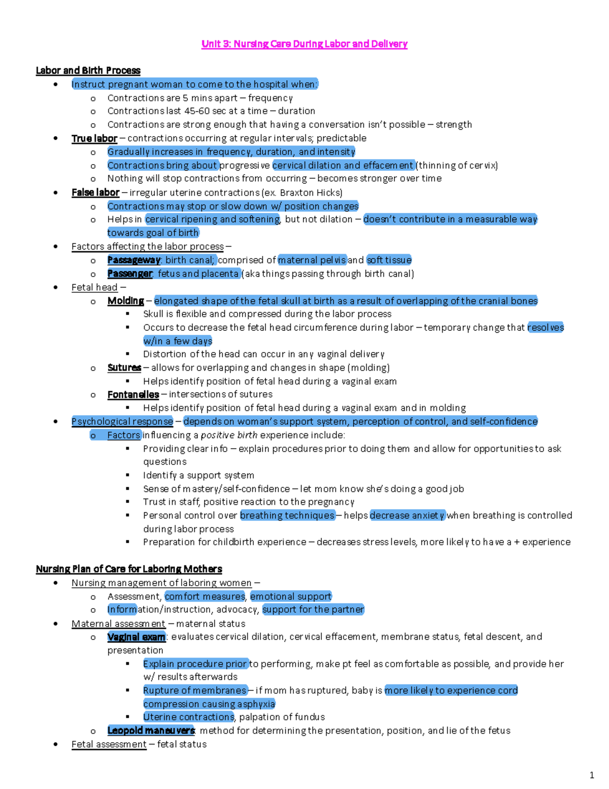 OB Exam 2 Study Guide - Unit 3: Nursing Care During Labor and Delivery ...