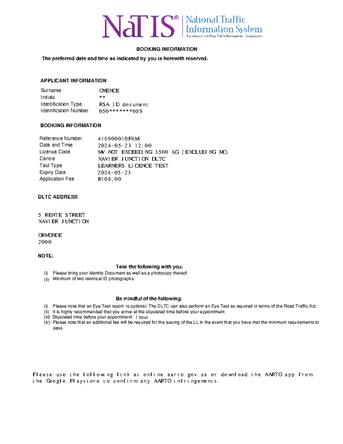 Booking information - Surname Initials Identification Type ...