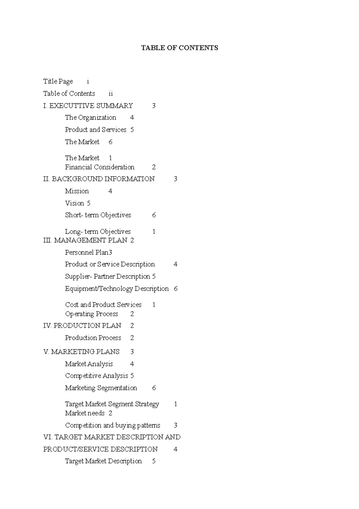 To Change the content - TABLE OF CONTENTS Title Page i I. EXECUTTIVE ...