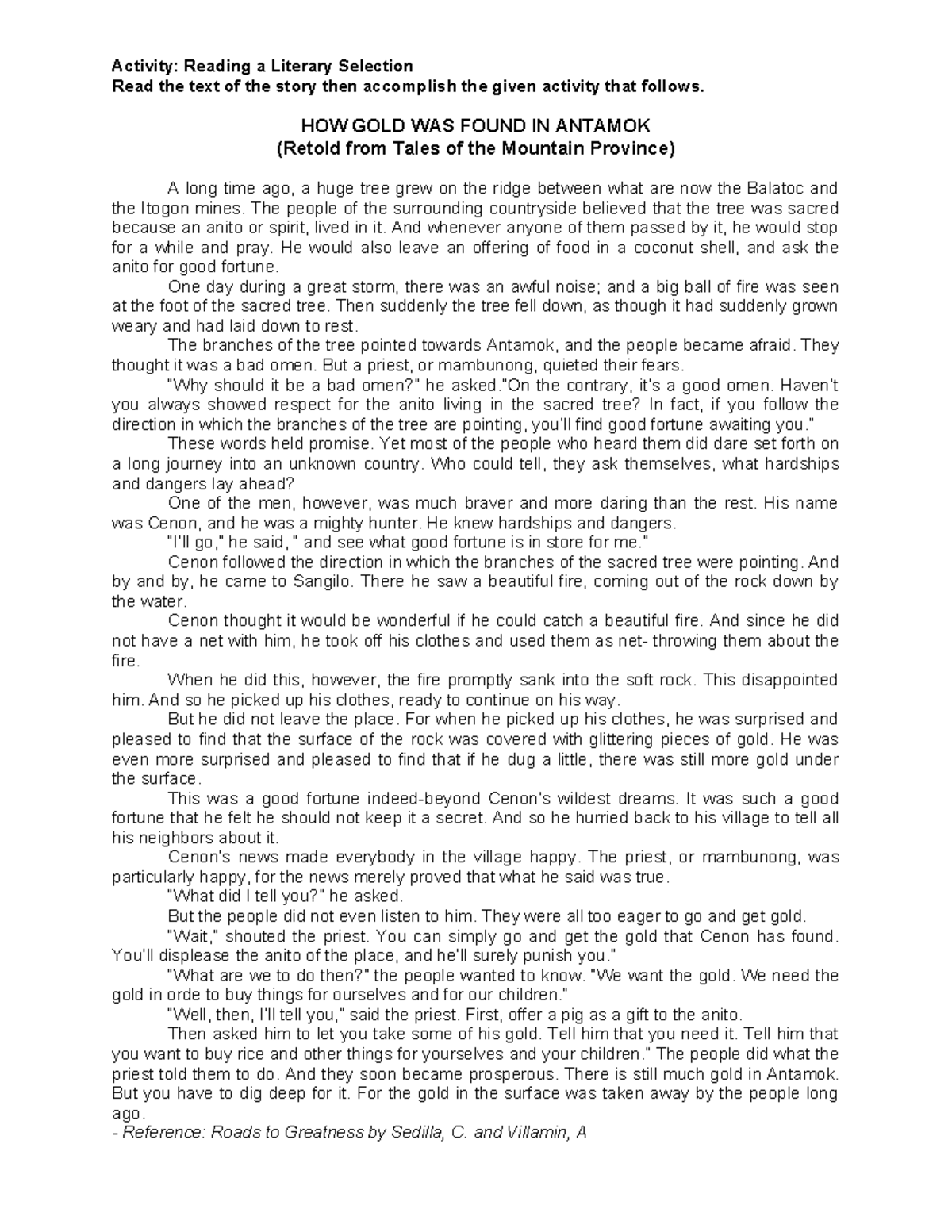 Activity - English - Activity: Reading a Literary Selection Read the ...