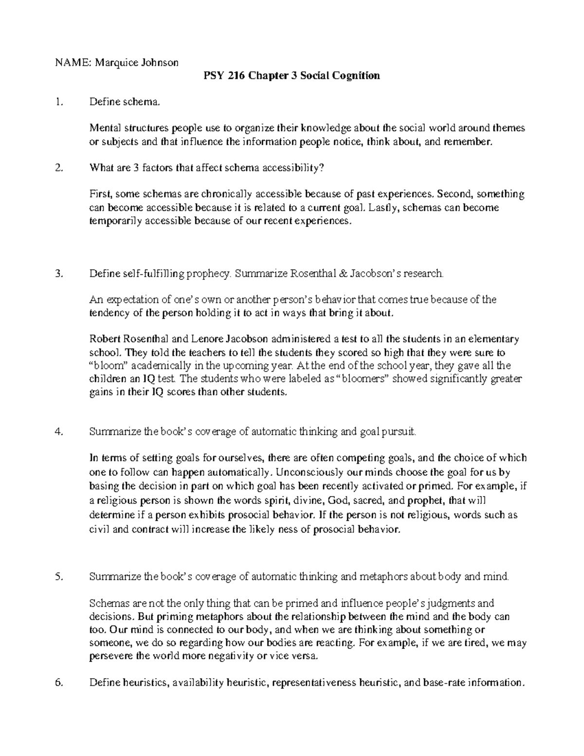 PSY 216 Chapter 3 Social Cognition-2 - NAME: Marquice Johnson PSY 216 Chapter 3 Social Cognition ...