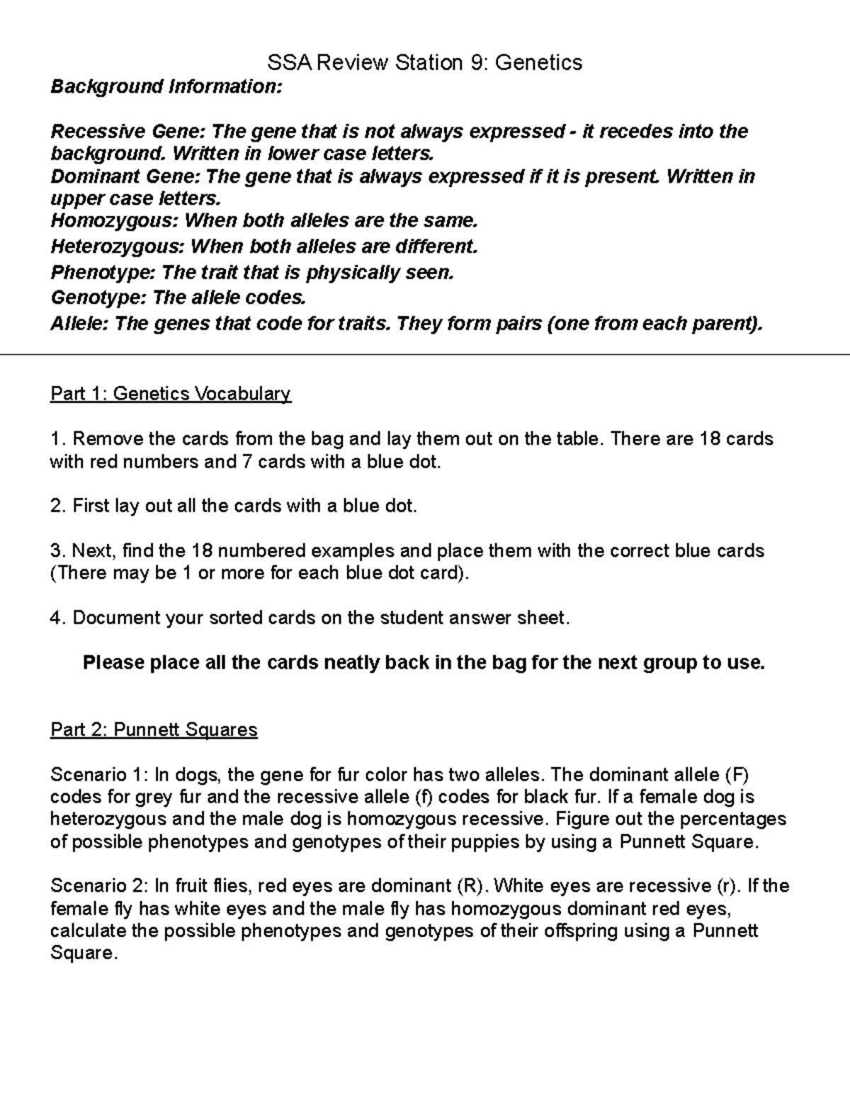 SSA Review Station 9 - Genetics - SSA Review Station 9: Genetics ...