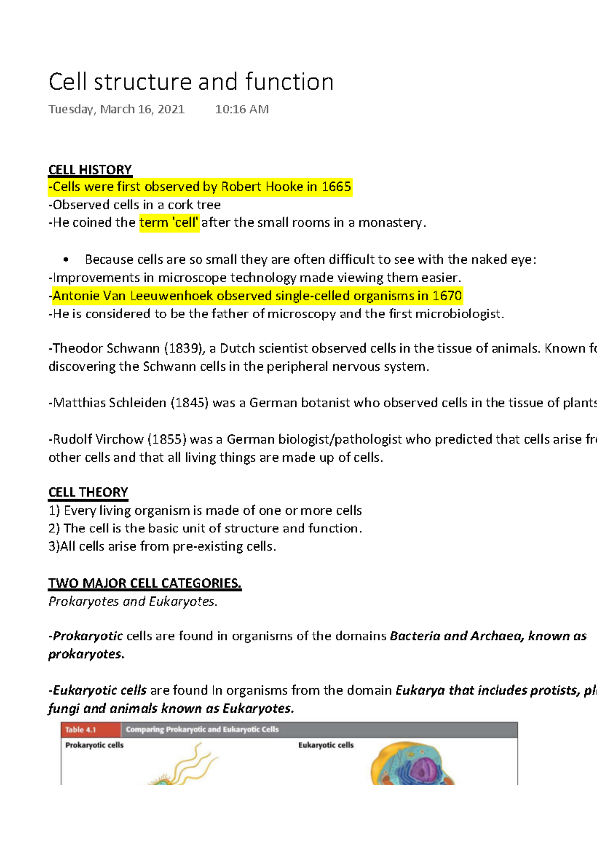 BIOL401 Cell structure and function L7 - CELL HISTORY Cells were first ...