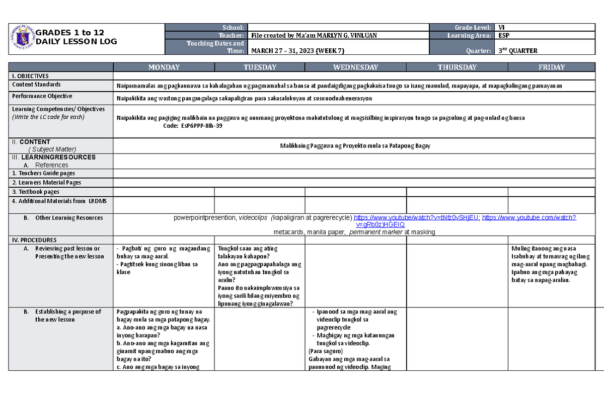 DLL ESP 6 Q3 W7 - vmkneiwhpobeib - GRADES 1 to 12 DAILY LESSON LOG ...