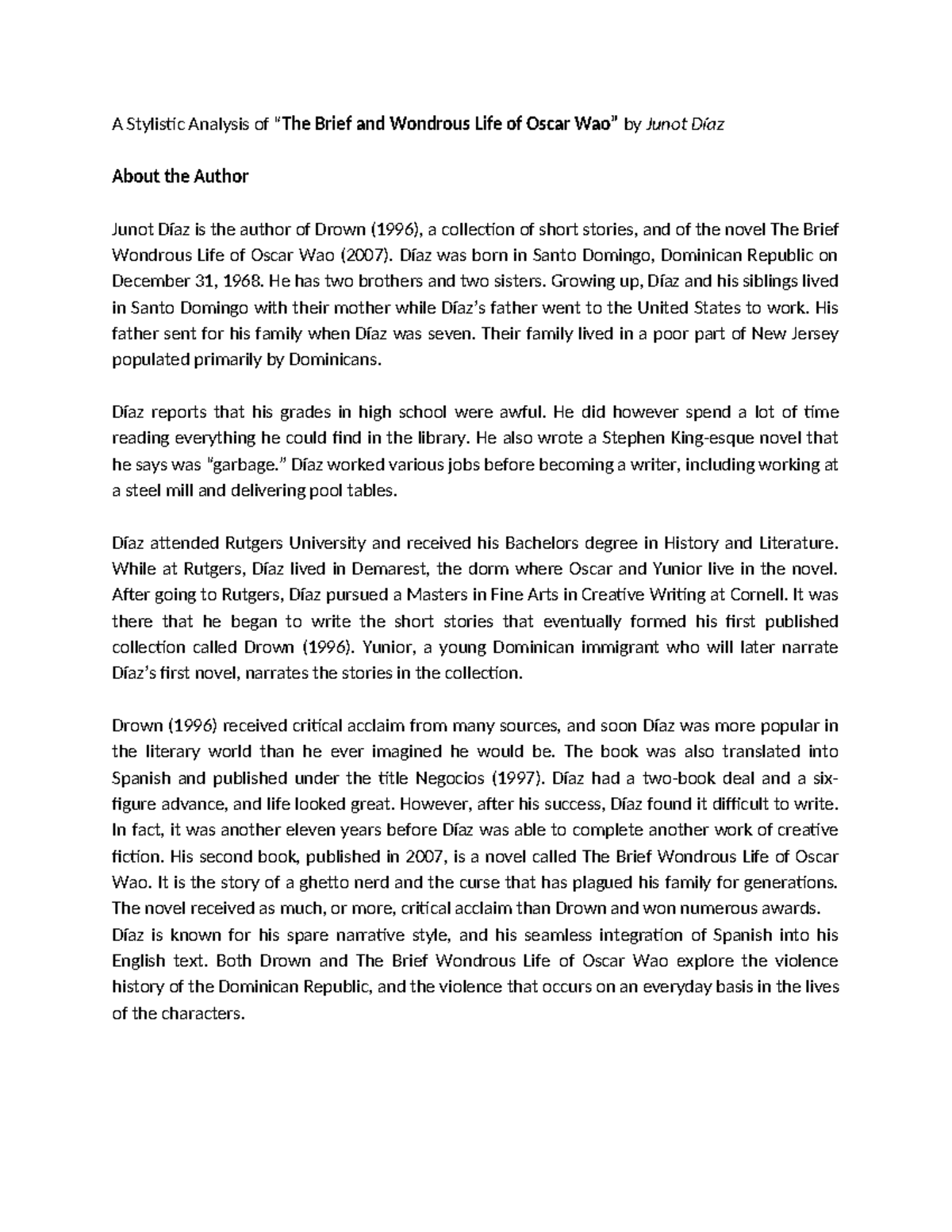 355033696 The Brief Wondrous Life of Oscar Wao - A Stylistic Analysis ...