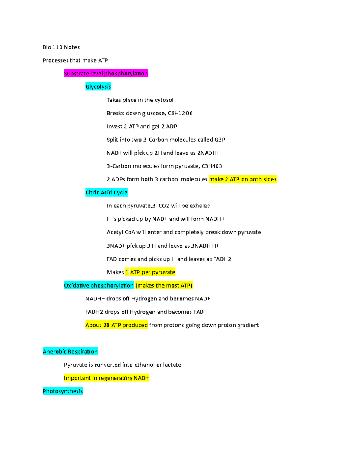 Processes that make ATP - Bio 110 Notes Processes that make ATP ...