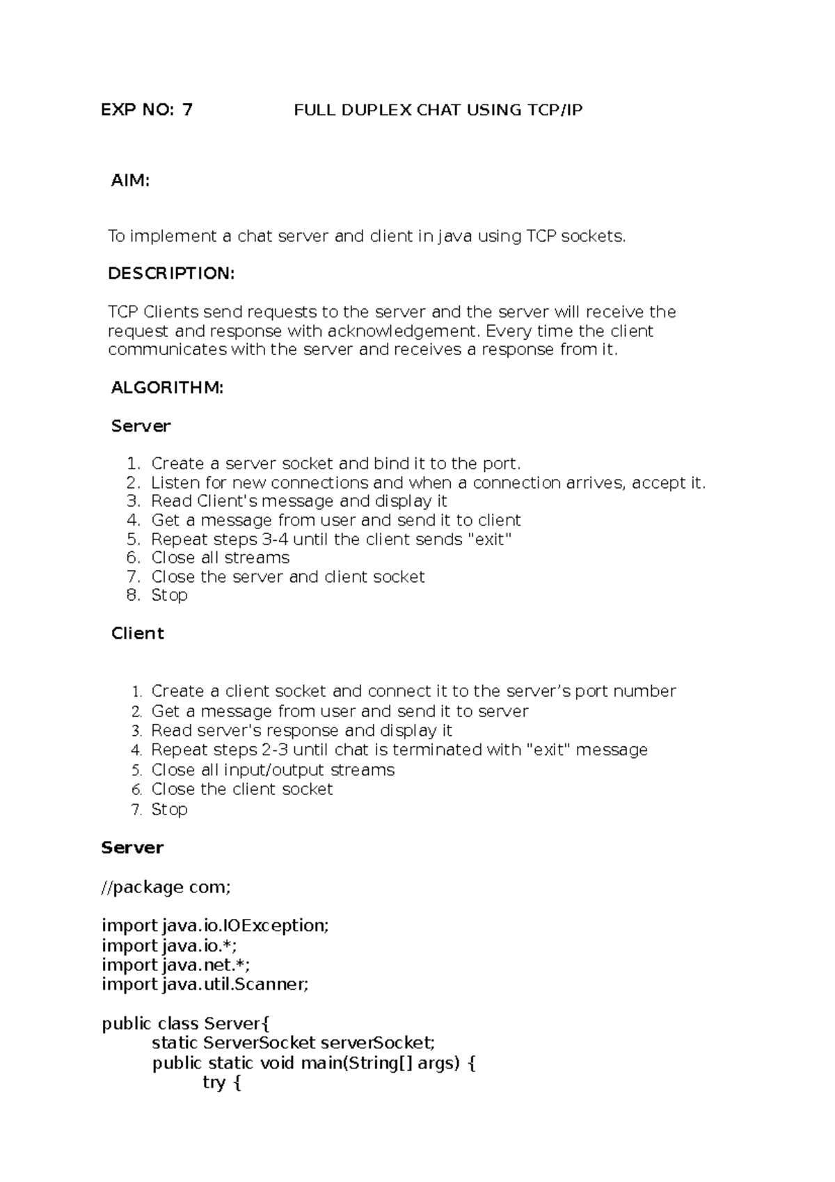 Cn exp no 7 - it's good for health - EXP NO: 7 FULL DUPLEX CHAT USING ...