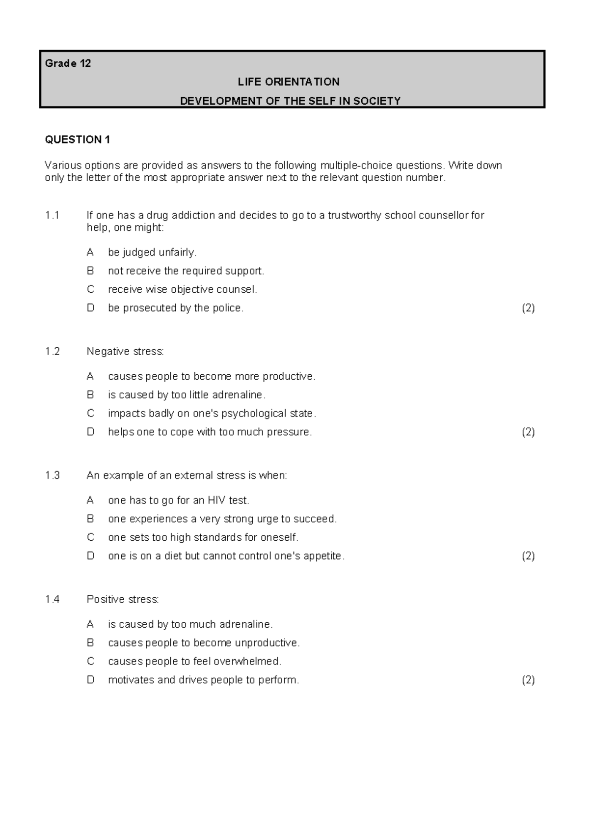 LO Teacher Questions GR12 - Grade 12 LIFE ORIENTATION DEVELOPMENT OF ...
