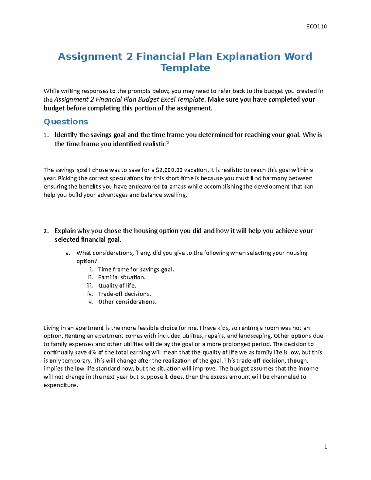 Krystal Owens ECO 110 Assignment 2 Financial Plan Explanation - ECO Assignment 2 Financial Plan ...