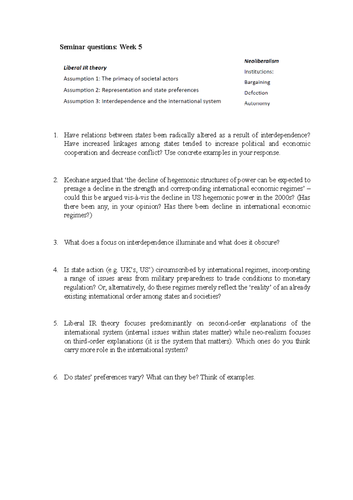 Seminar questions: Liberal IR theory and Neoliberalism - Seminar ...