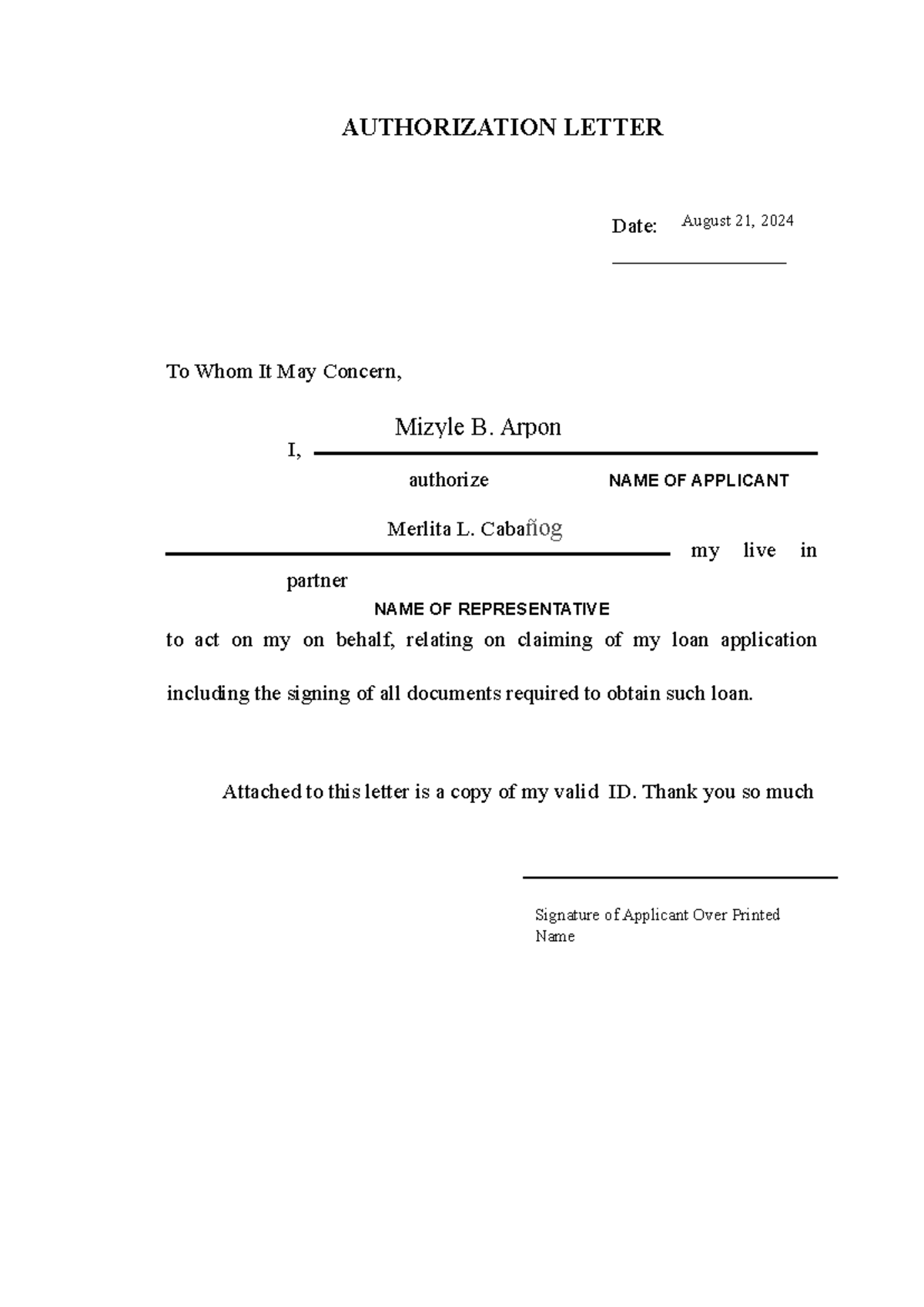 Sample-Authorization-Letter - August 21, 2024 AUTHORIZATION LETTER Date