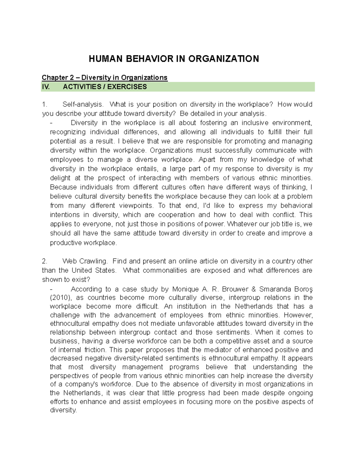 Chapter 2 Diversity in Organizations - HUMAN BEHAVIOR IN ORGANIZATION ...