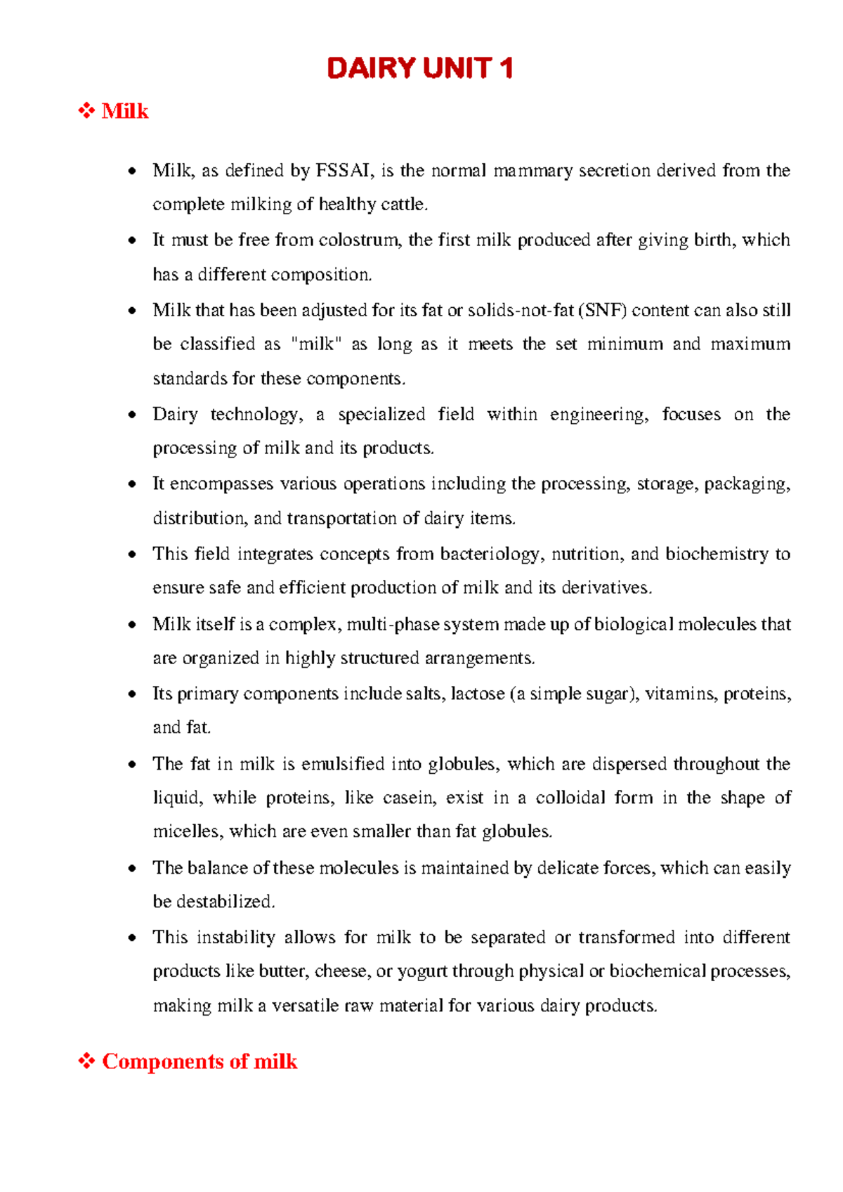 Dairy UNIT 1 - NAhhghbcgvcdfvcgvcgb - DAIRY UNIT 1 Milk Milk, as ...