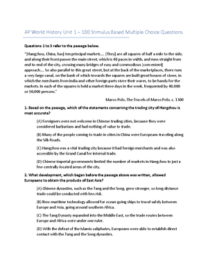 Unit 1 Multiple Choice - AP World History Unit 1 – 100 Stimulus Based ...