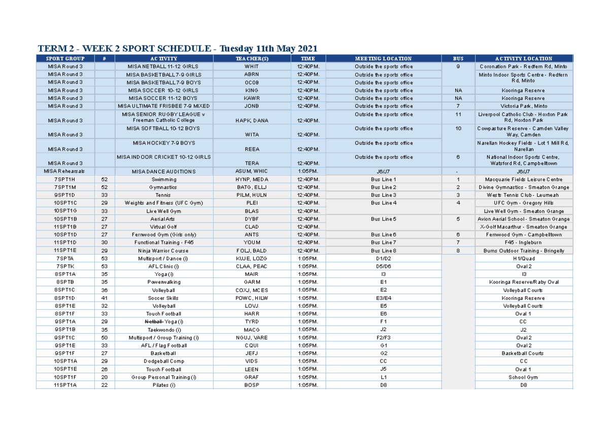 Term 2 Sport Schedule - Term 2 - Week 4 - TERM 2 - WEEK 2 SPORT ...