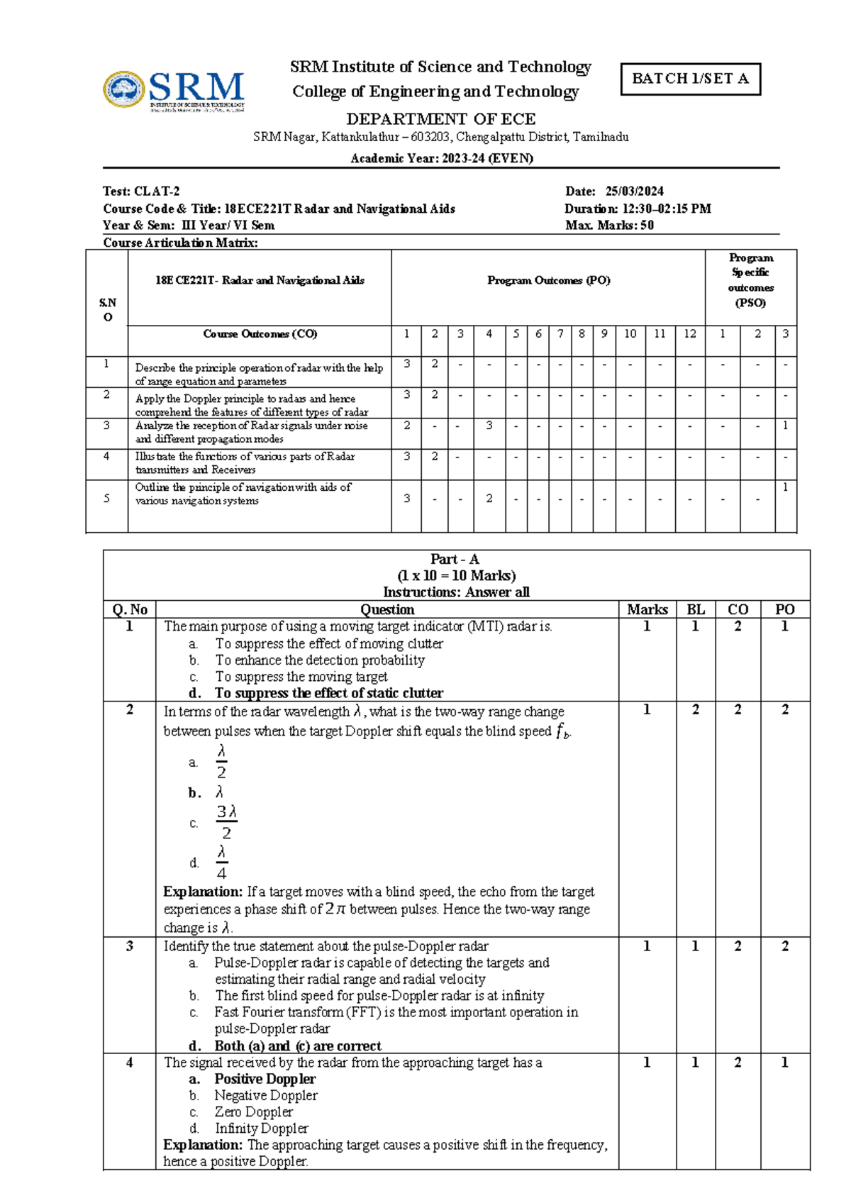 CLAT2 Answer Key Radar 15 03 2024 - SRM Institute of Science and ...
