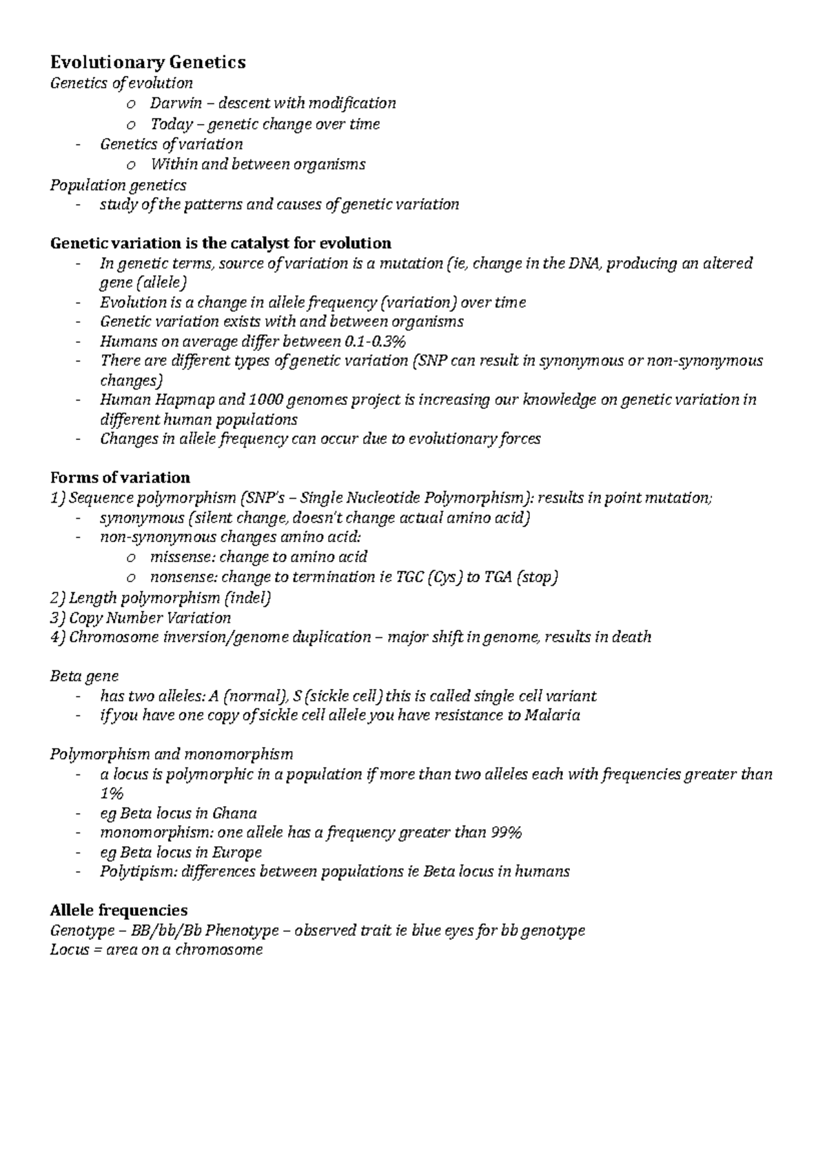 Lecture notes, evolutionary genetics - Evolutionary Genetics Genetics ...