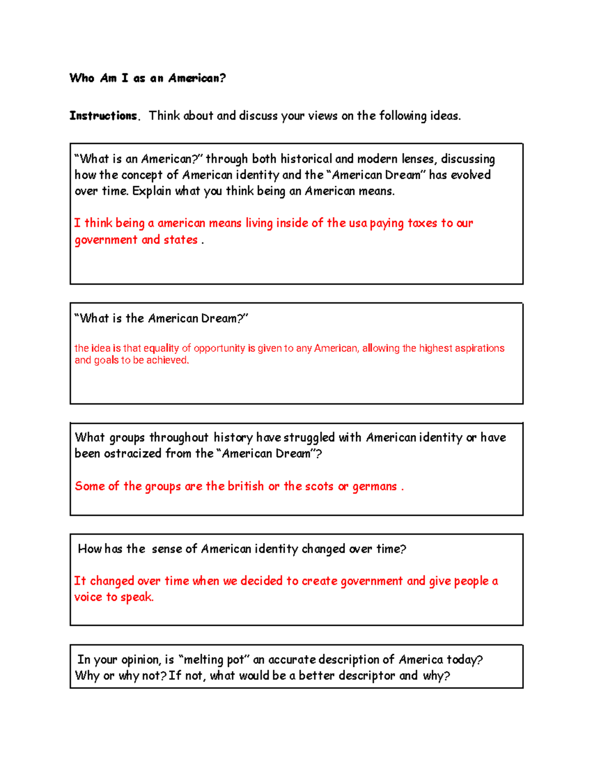 Who Am I as an American - Who Am I as an American? Instructions. Think ...