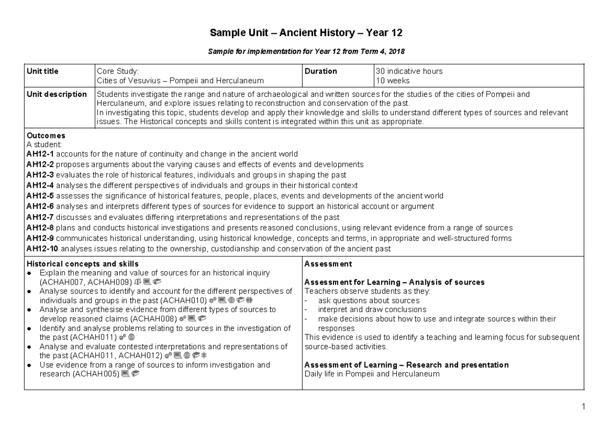 Ancient history stage 6 year 12 sample unit cities of vesuvius pompeii ...
