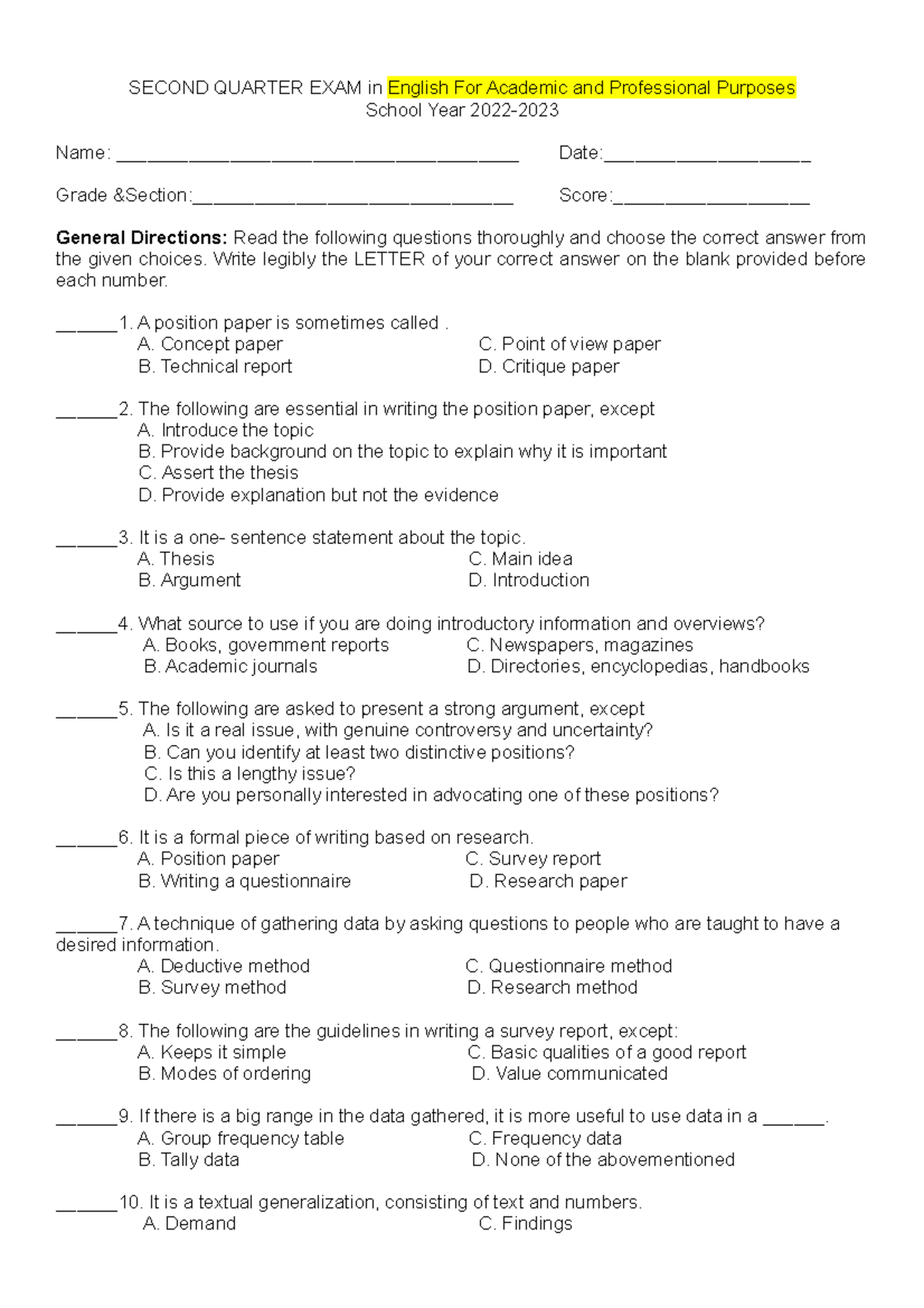 Copy of (updated) Second Quarter EXAM in English for academic and ...