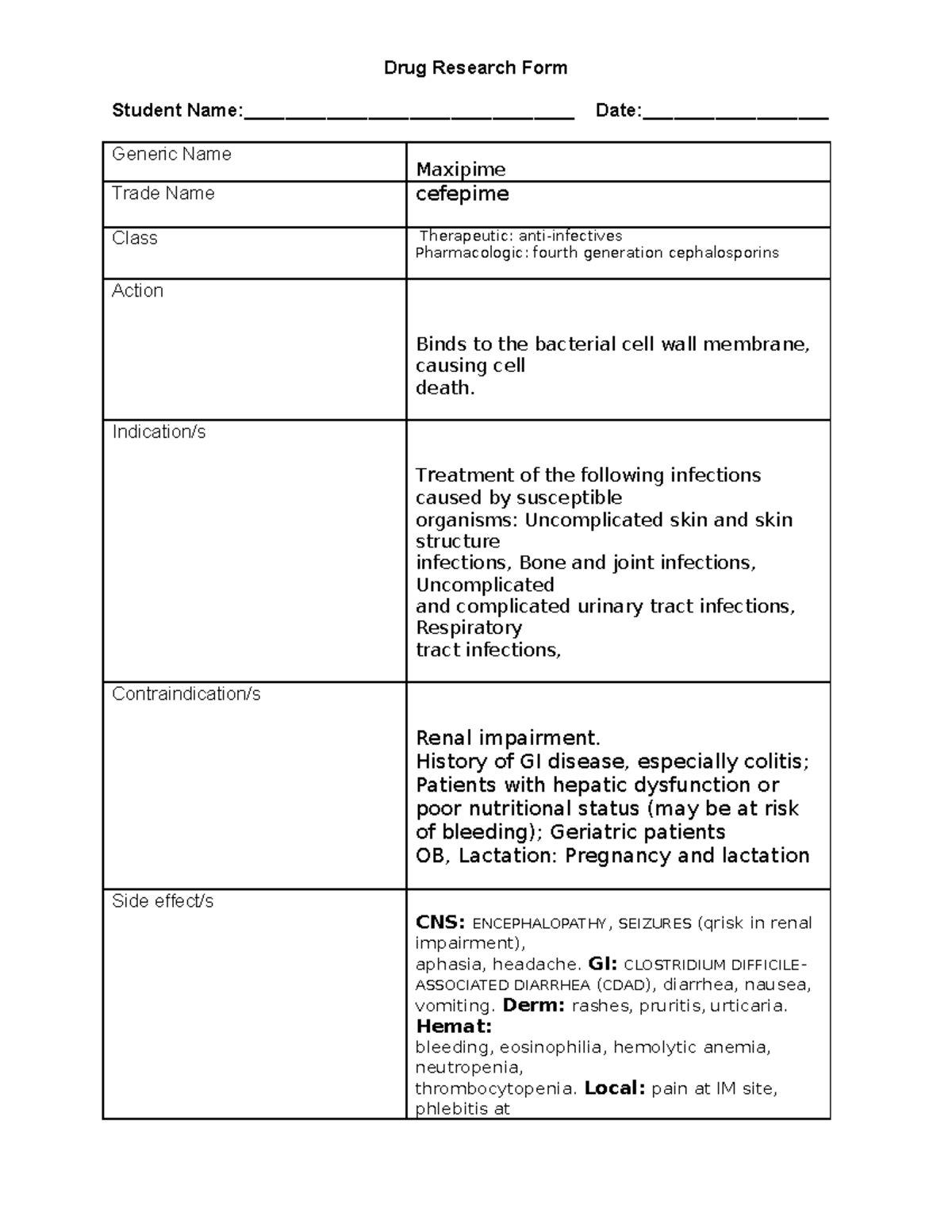 Drug Research Form - Grade: B - Student Name ...