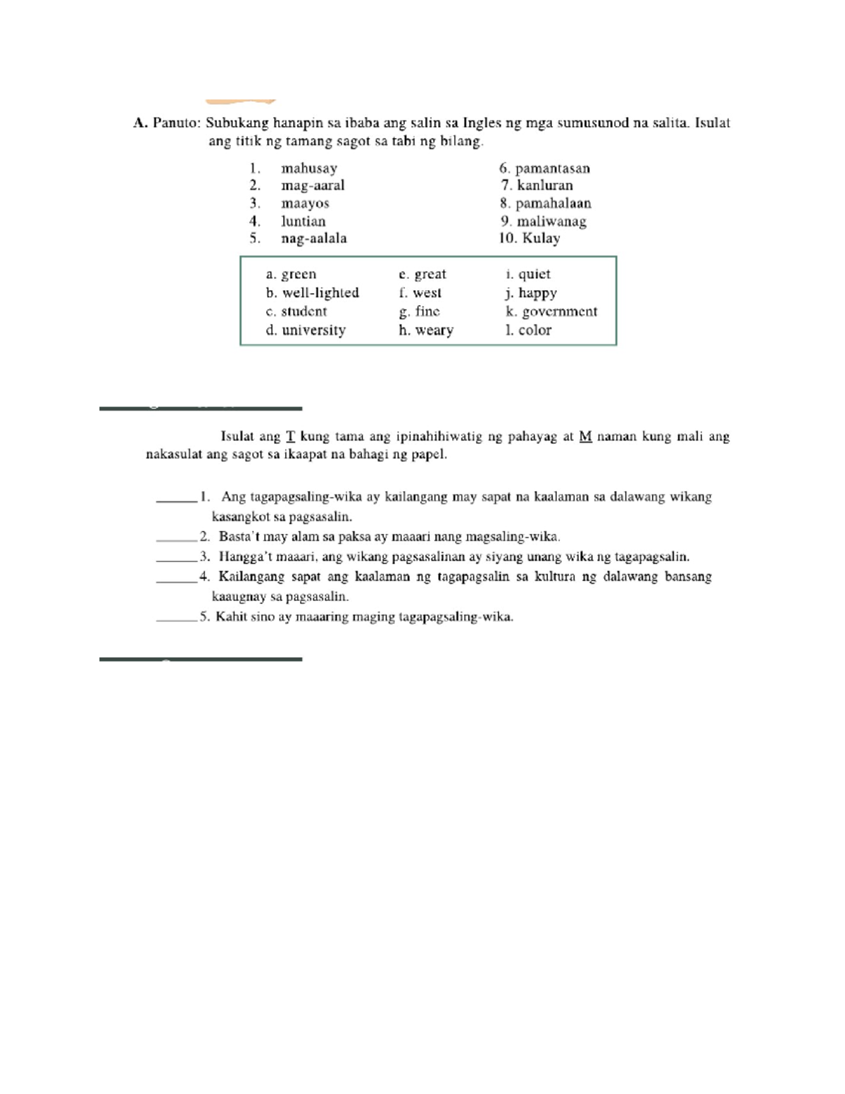 Pagsasaling-wika - Pagsasaling wika - A. Panuto: Subukang hanapin sa ...
