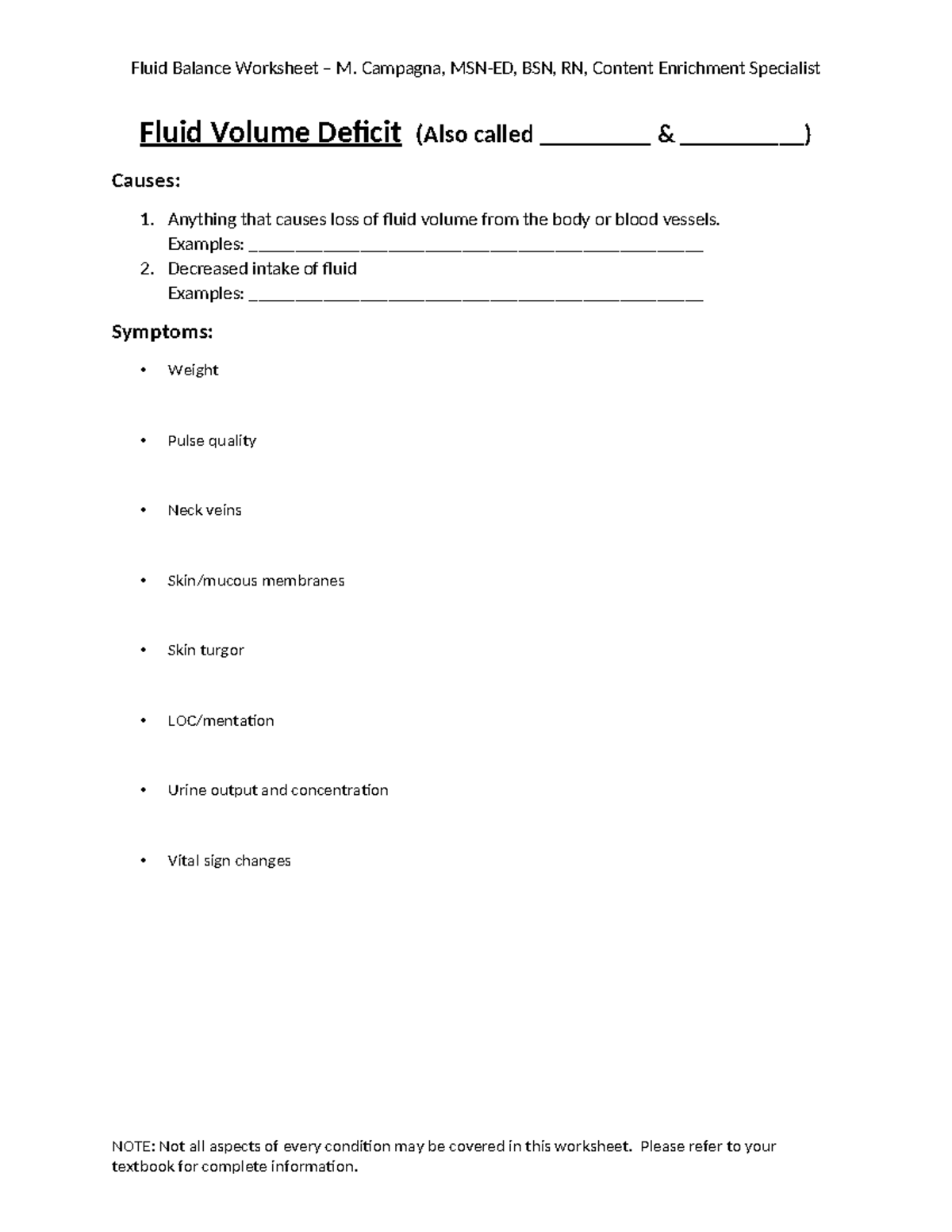 Fluid Balance Worksheet - Campagna, MSN-ED, BSN, RN, Content Enrichment ...