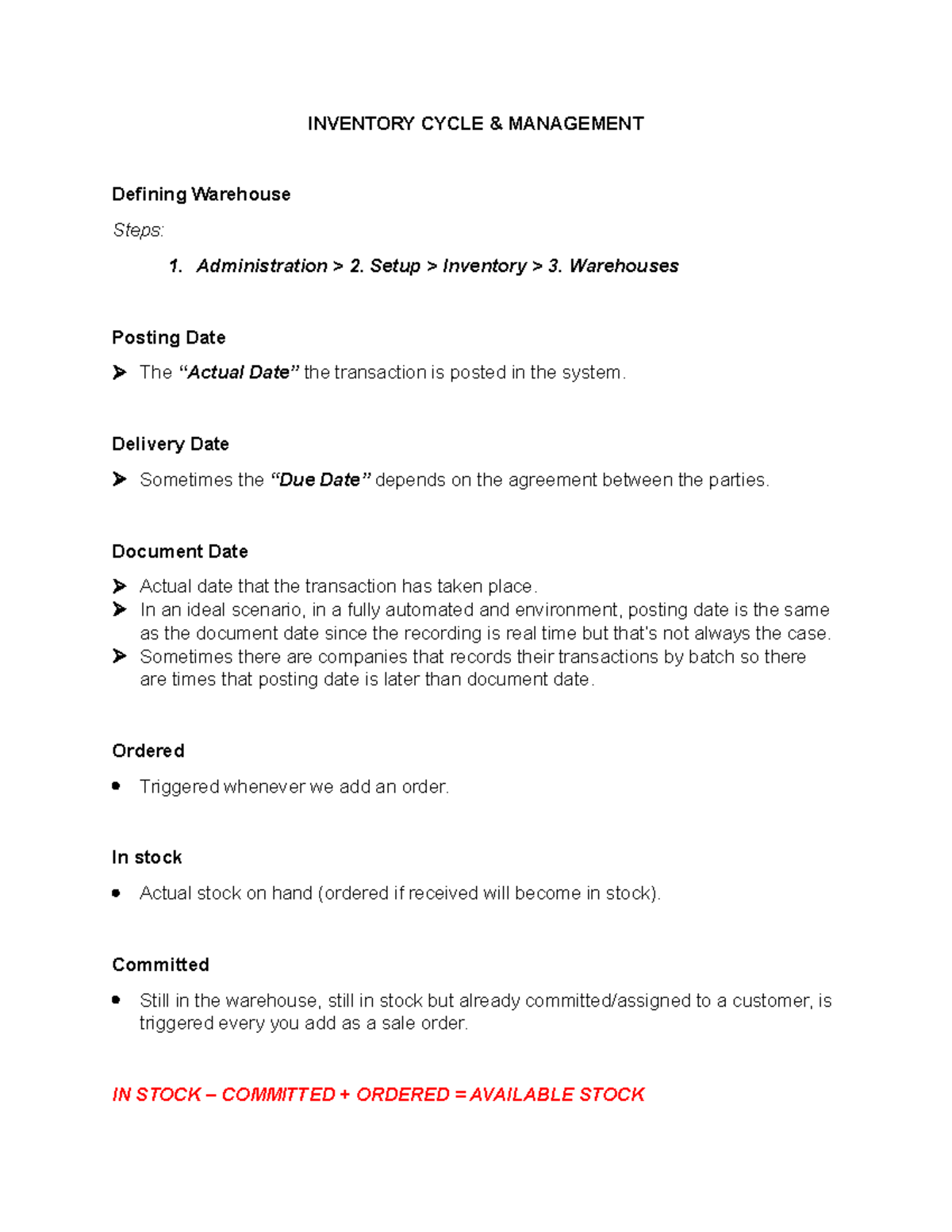 Inventory Cycle - N/A - INVENTORY CYCLE & MANAGEMENT Defining Warehouse ...