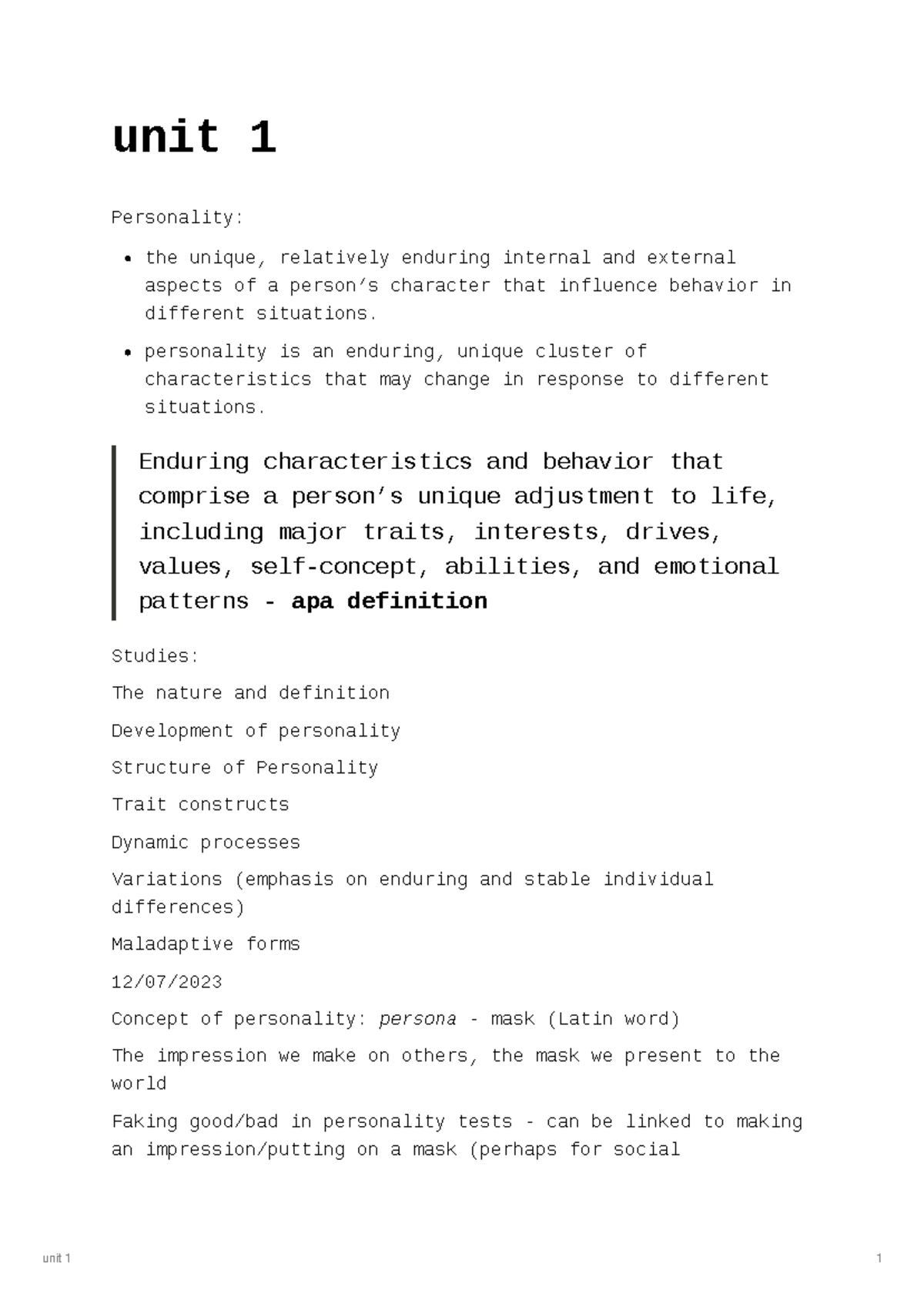 Top unit 1 - unit 1 Personality: the unique, relatively enduring ...