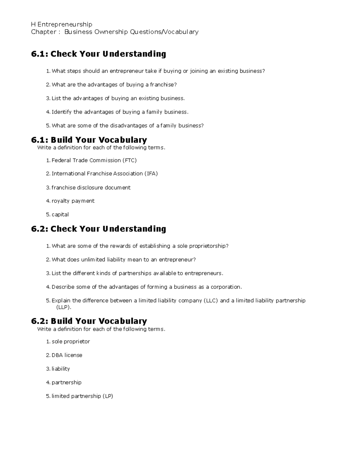 Entrep Ch 6 Ques Voc - ms ruck - H Entrepreneurship Chapter : Business ...