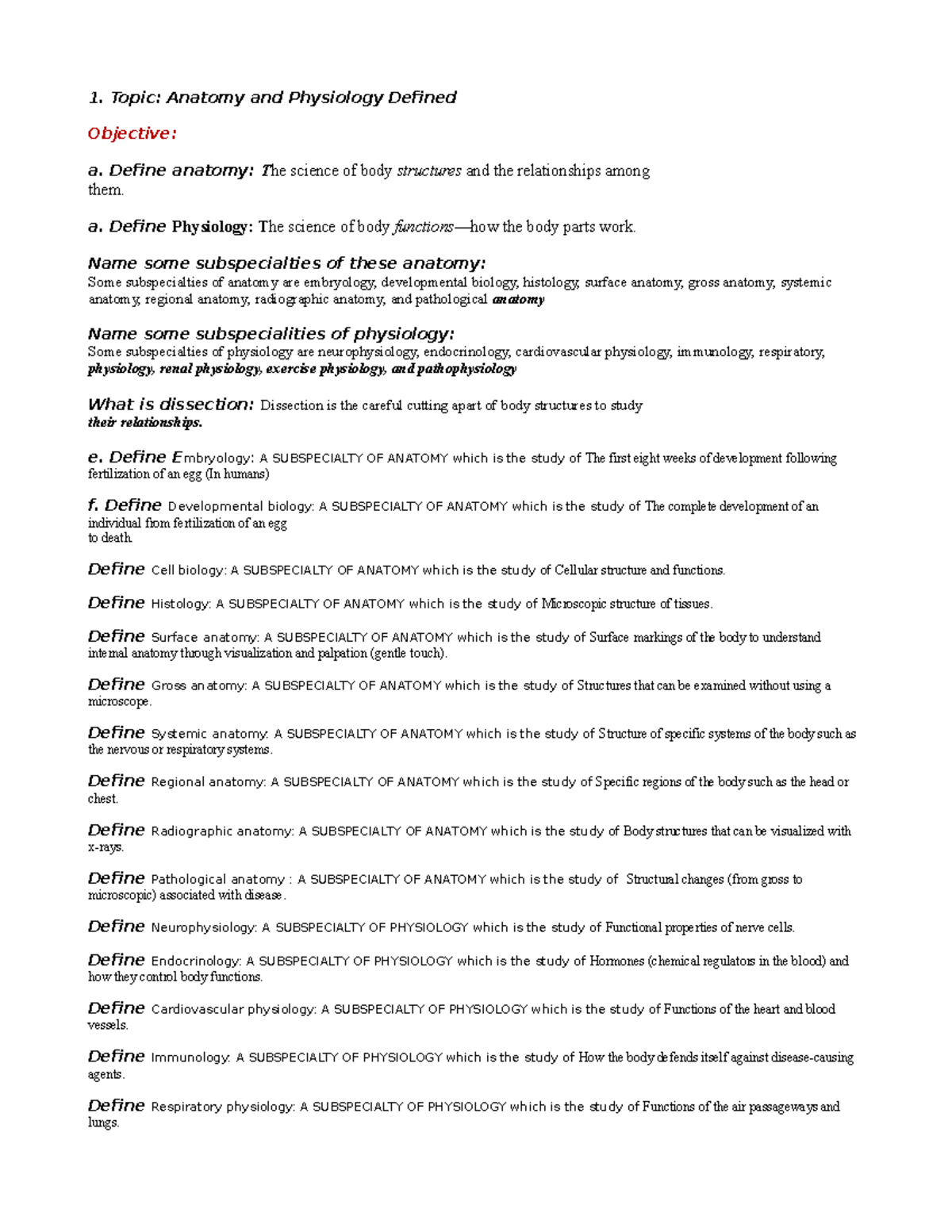 Chapter 1 -Anatomy and Physiology main points - 1. Topic: Anatomy and ...