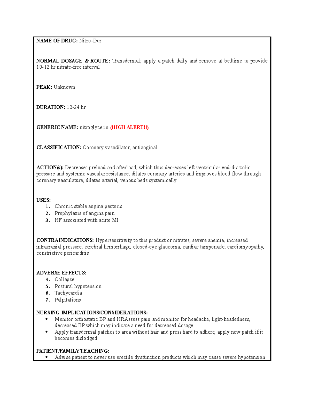 DRUG Cards 8 - NAME OF DRUG: Nitro-Dur NORMAL DOSAGE & ROUTE ...