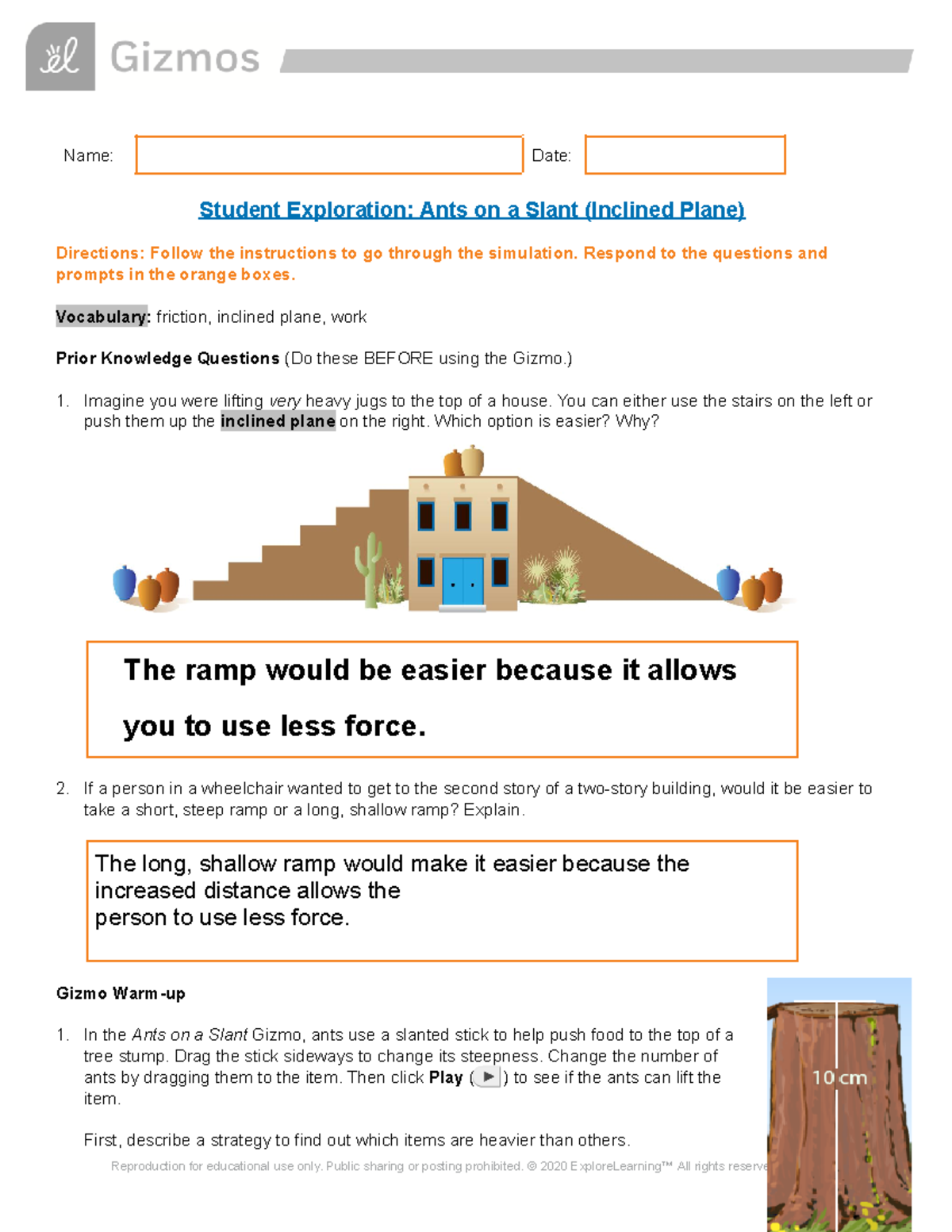 Copy of Incline Plane - answers - Name: Date: Student Exploration: Ants on a Slant (Inclined ...