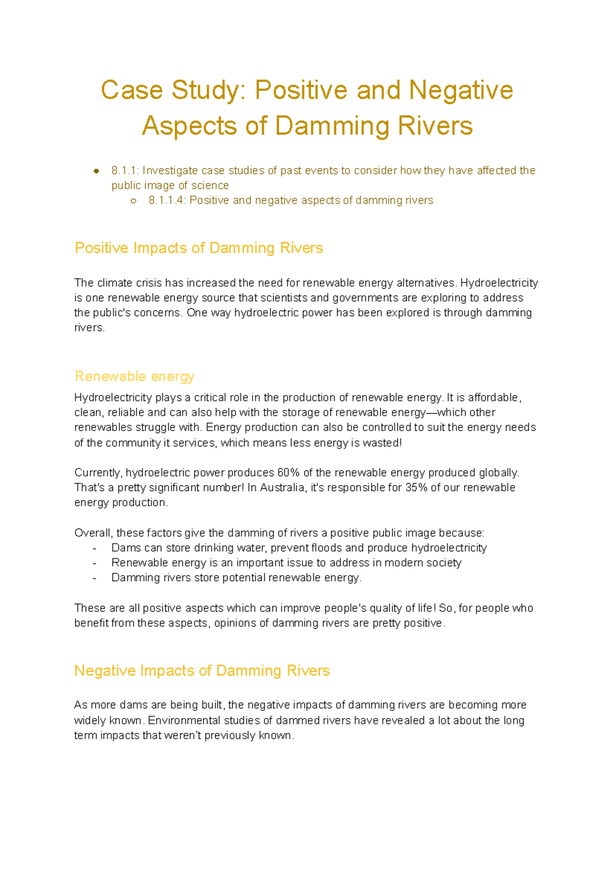 Case Study Positive and Negative Aspects of Damming Rivers - 1 ...