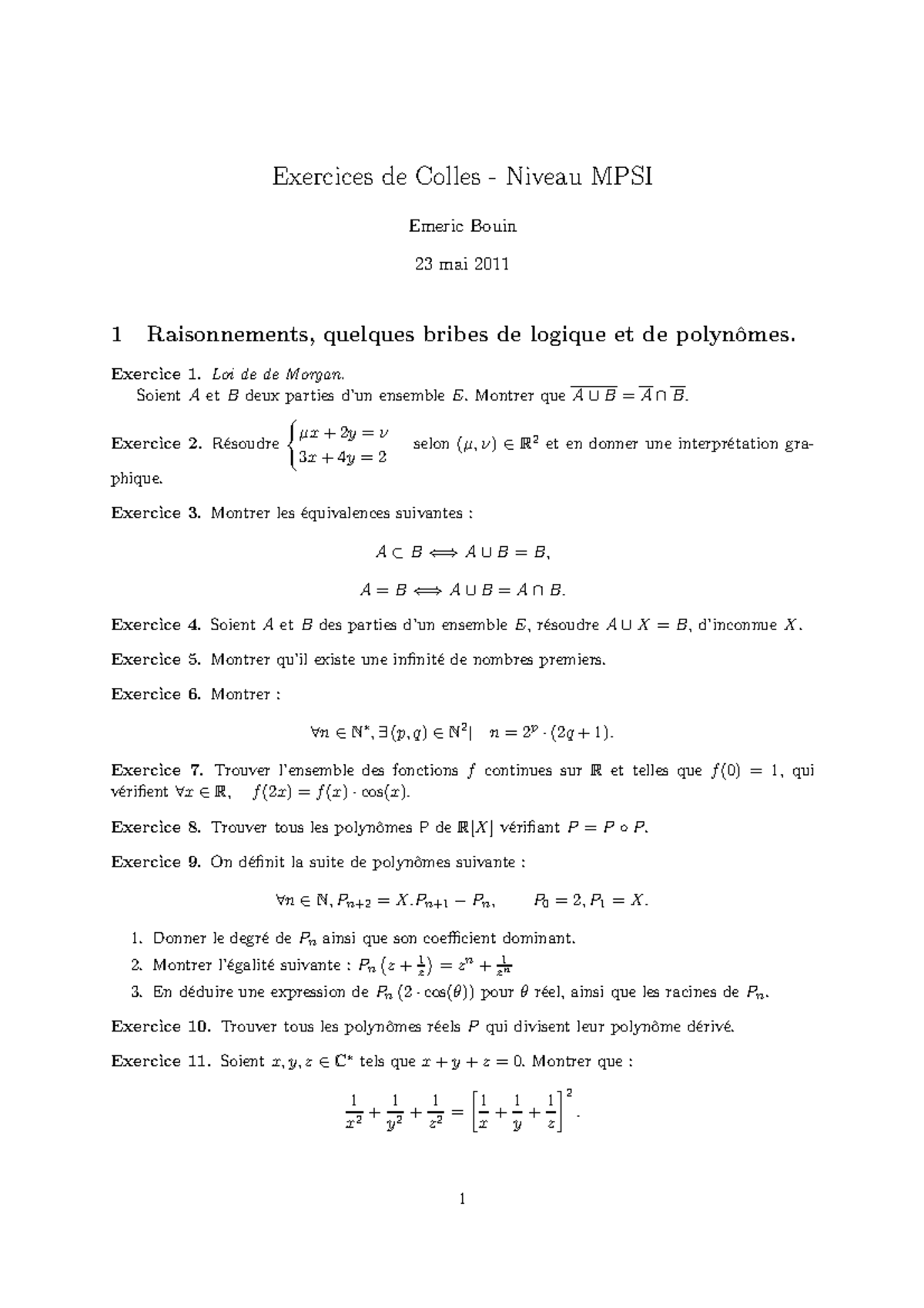 Colles MPSI - Gghg - Exercices de Colles - Niveau MPSI Emeric Bouin 23 ...