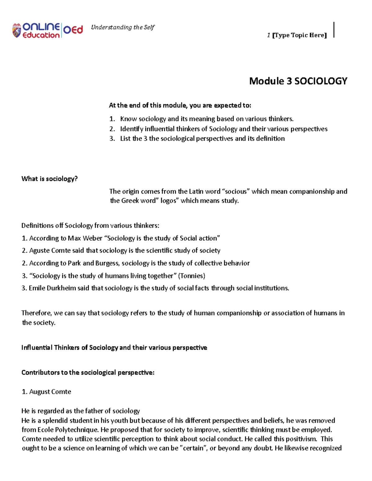 W3- Sociology answer key - Understanding the Self 1 [Type Topic Here ...