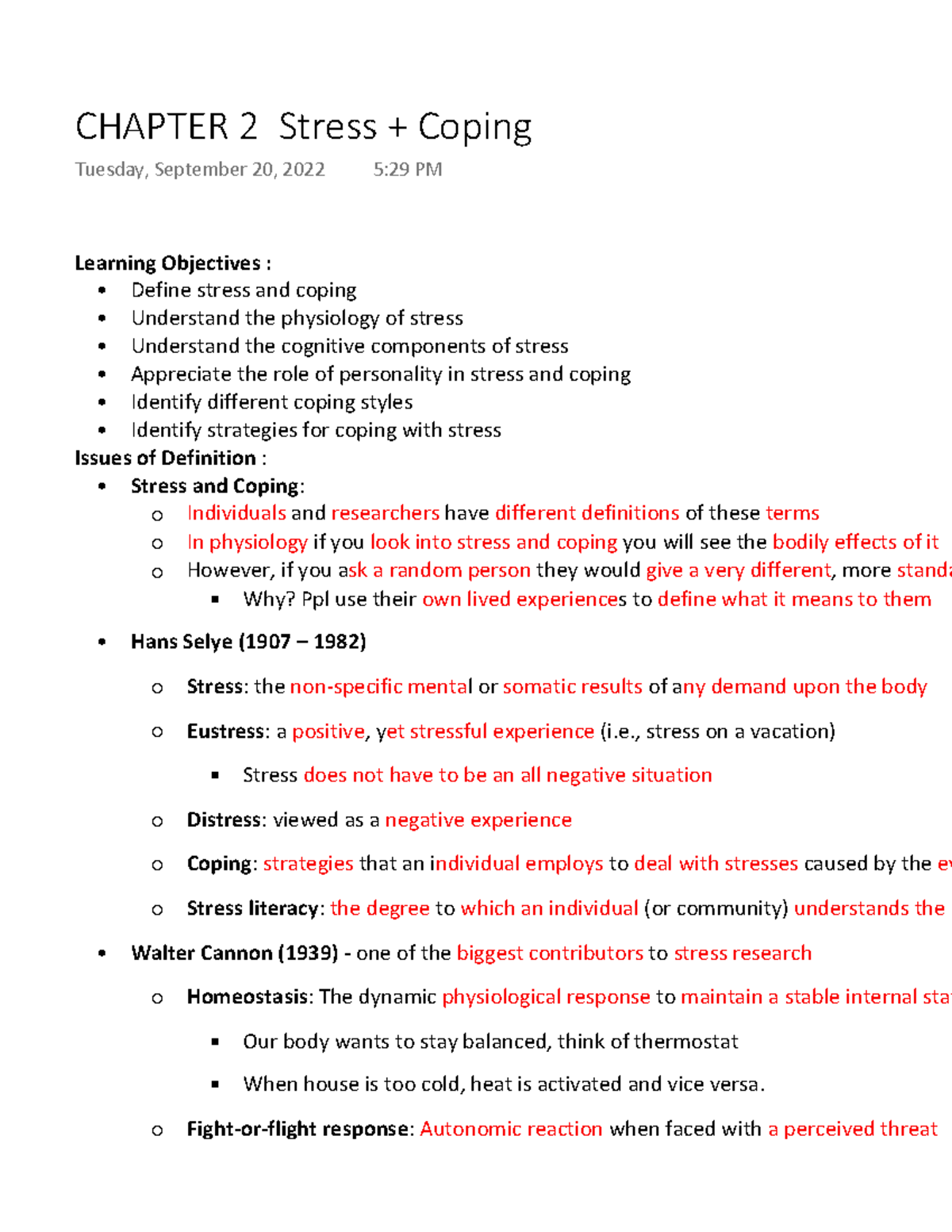 Chapter 2 Stress + Coping - Learning Objectives : Define stress and ...