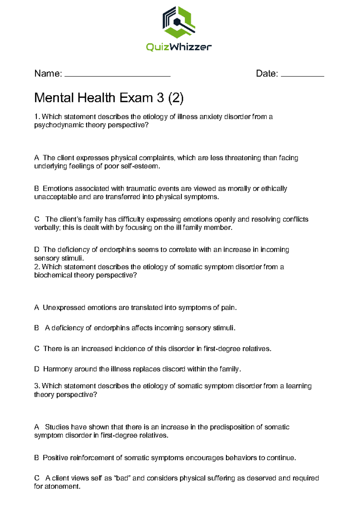 Mental Health Exam 3 - Name: Date: Mental Health Exam 3 (2) Which ...