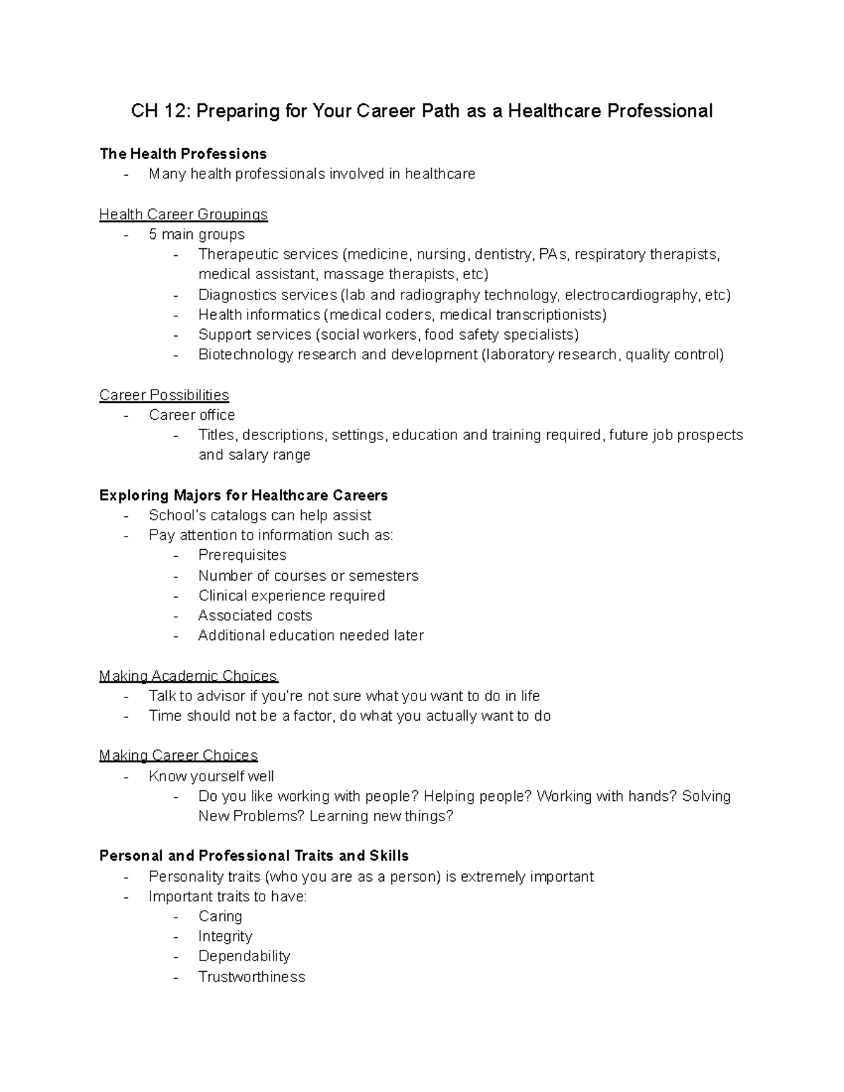 CH 12 Preparing for Your Career Path as a Healthcare Professional - Studocu