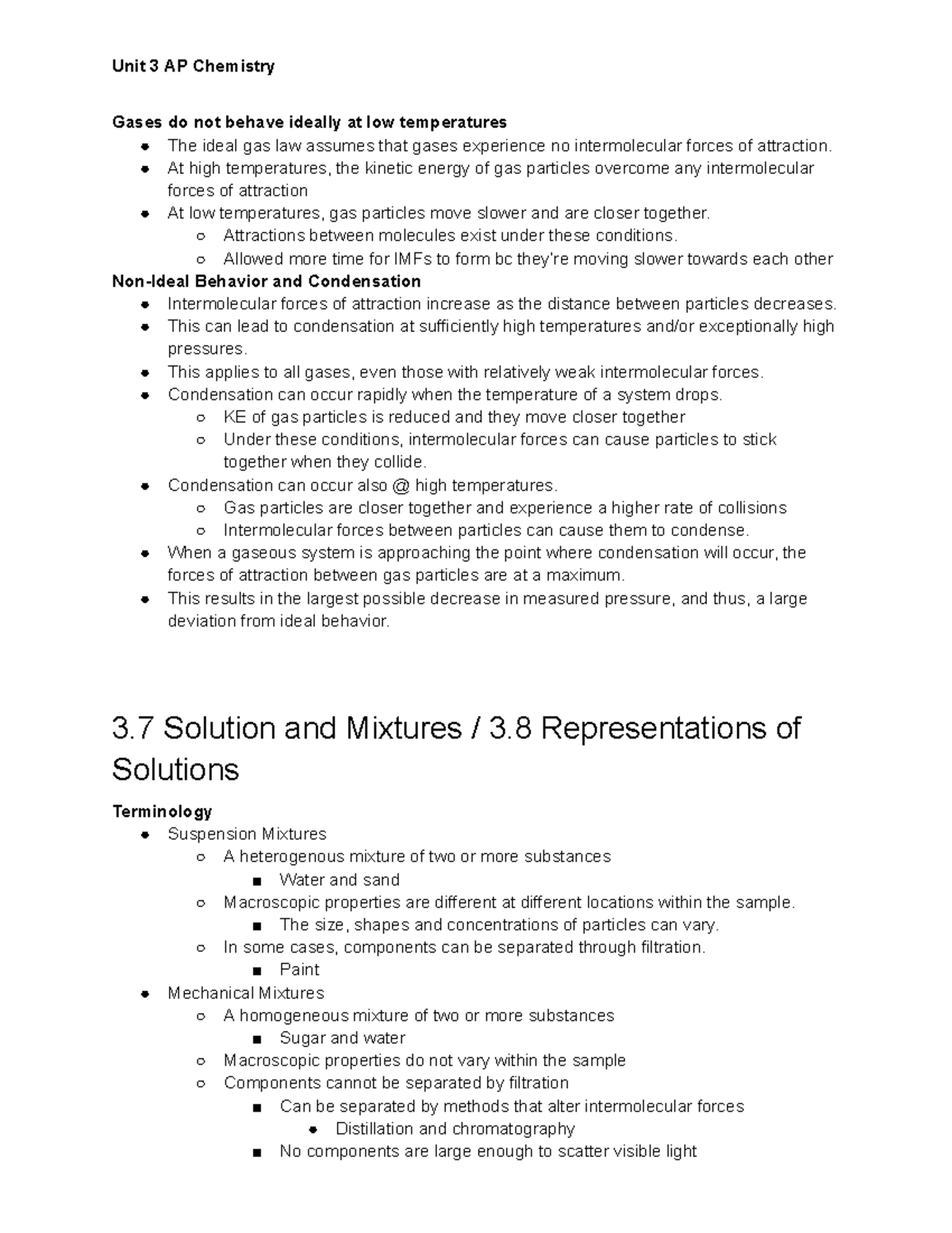 Chem notes unit 3 - Google Docs - Gases do not behave ideally at low ...
