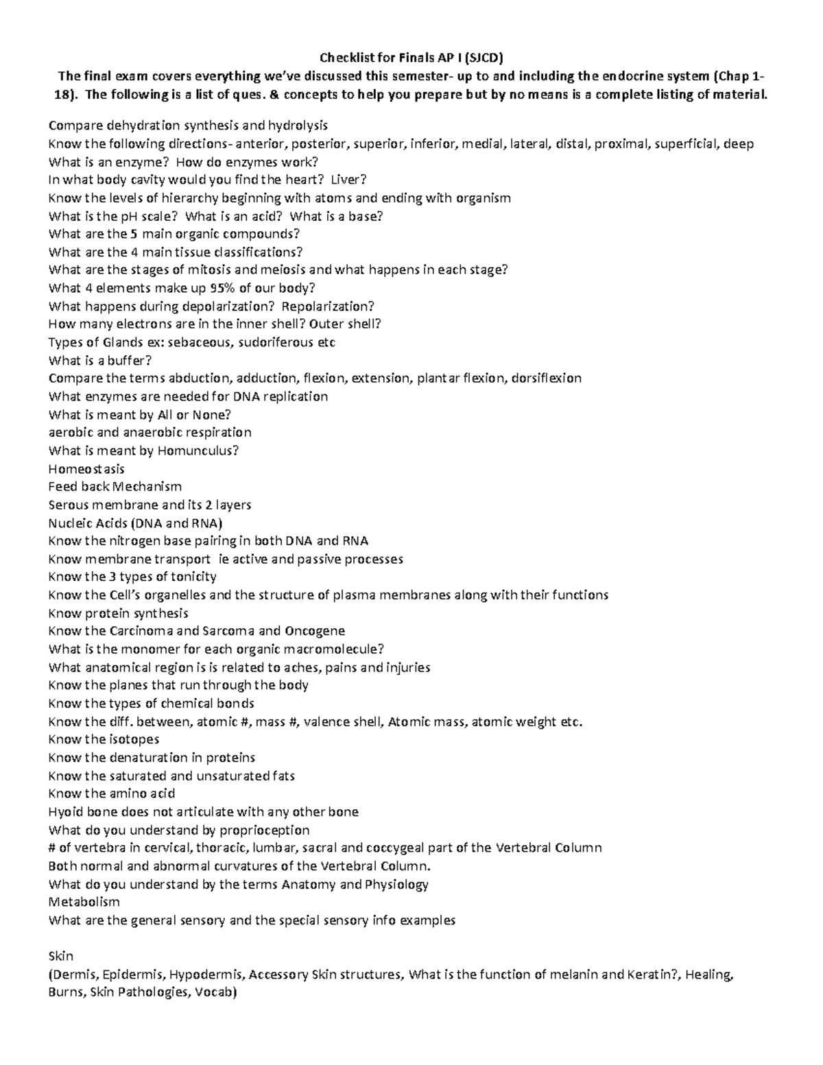 Checklist for Finals Chapter 1- 18 AP I SJCD - Checklist for Finals AP ...