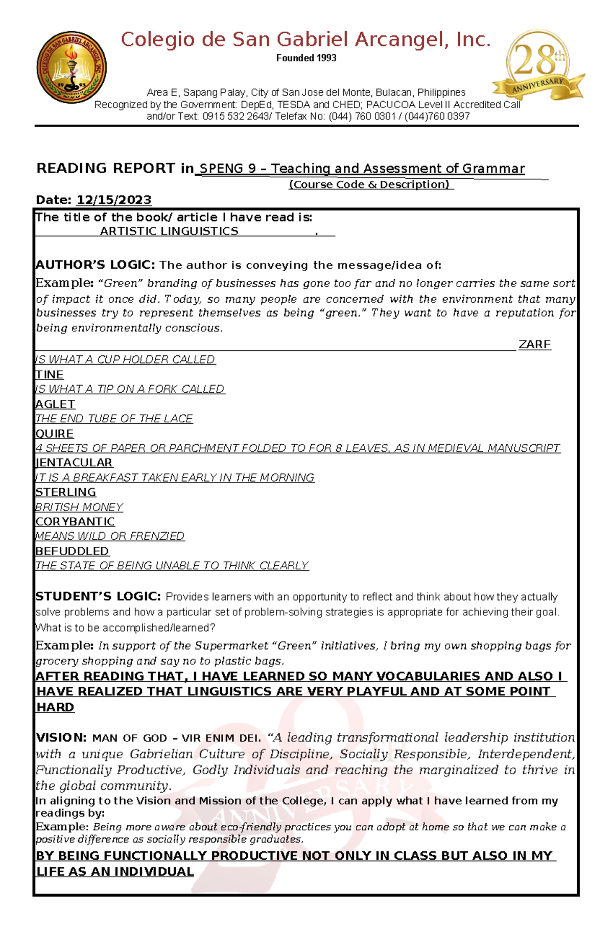 Speng 9 - Finals-Learning Diary and Reading Report - Colegio de San ...