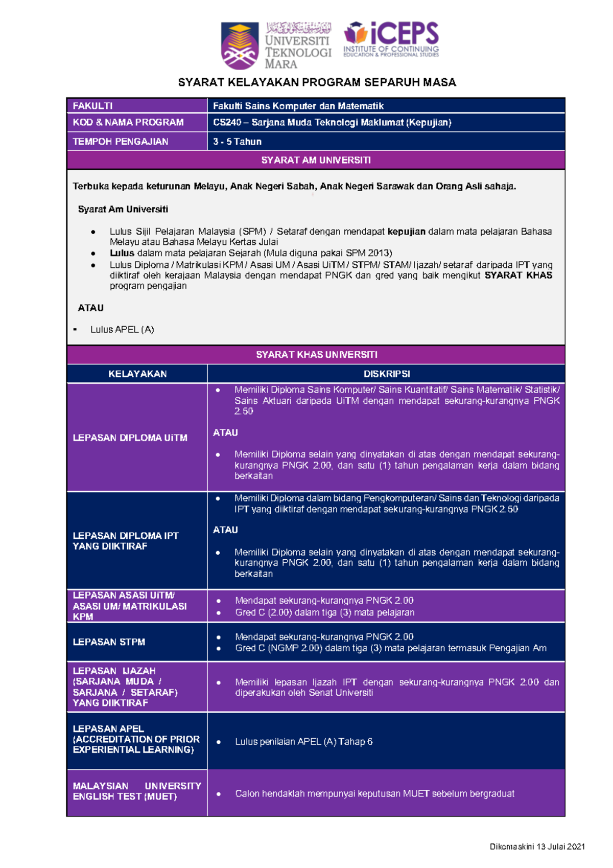 Cs240 25072021 - course outline - Dikemaskini 13 Julai 2021 FAKULTI Fakulti Sains Komputer dan ...